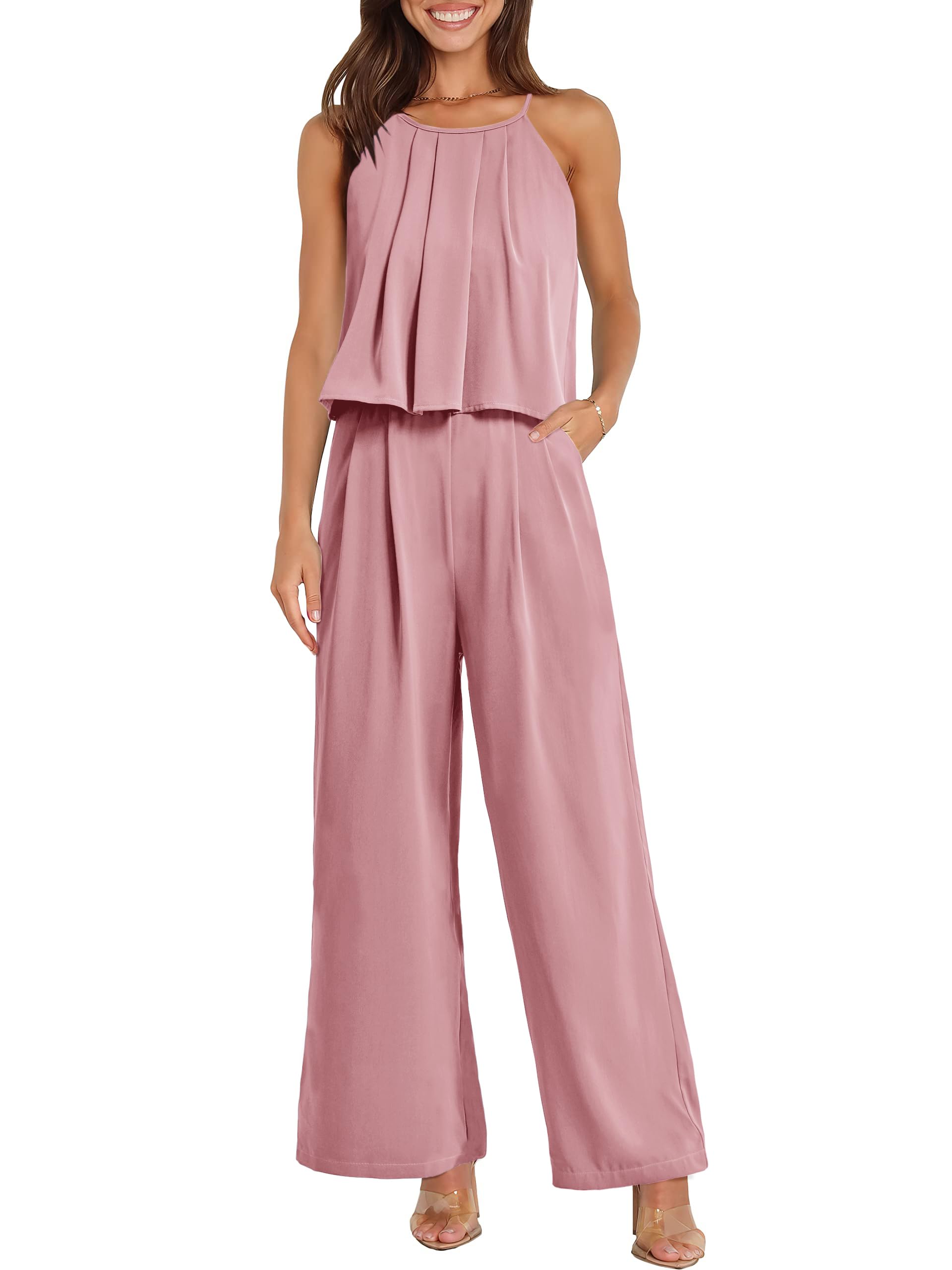 PRETTYGRADEN Women's Casual Summer Sleeveless Jumpsuit Halter Neck Wide Leg Pants Rompers One Piece Outfits (Pink,Medium)