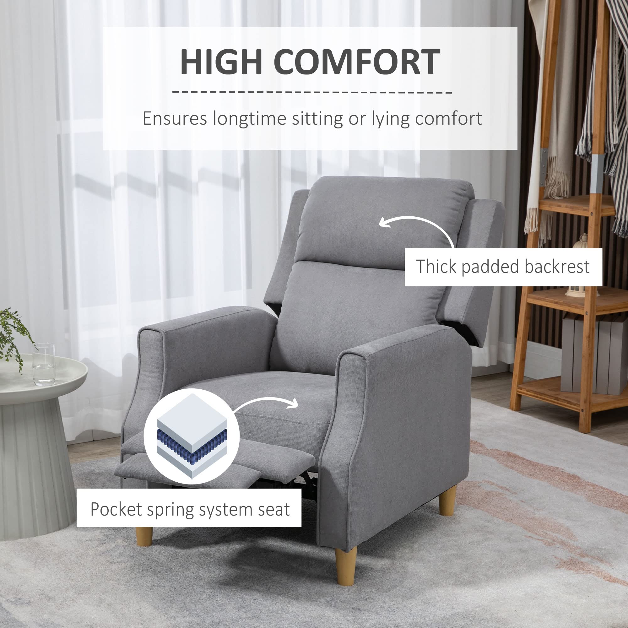 HOMCOM Fabric Recliner Chair, Modern Push Back Reclining Chair, Accent Lounge Arm Chair with Footrest, Solid Wood Legs, Gray