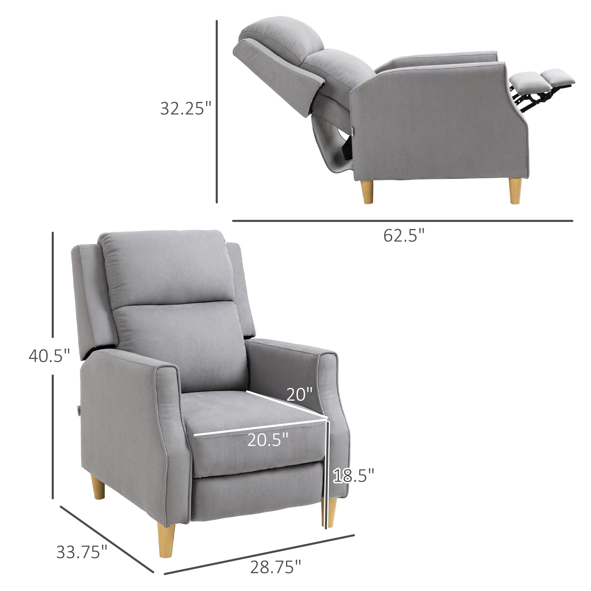 HOMCOM Fabric Recliner Chair, Modern Push Back Reclining Chair, Accent Lounge Arm Chair with Footrest, Solid Wood Legs, Gray