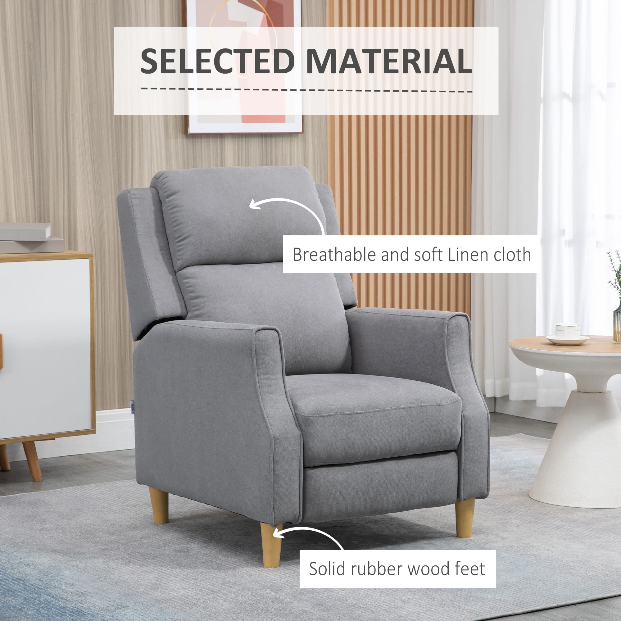 HOMCOM Fabric Recliner Chair, Modern Push Back Reclining Chair, Accent Lounge Arm Chair with Footrest, Solid Wood Legs, Gray