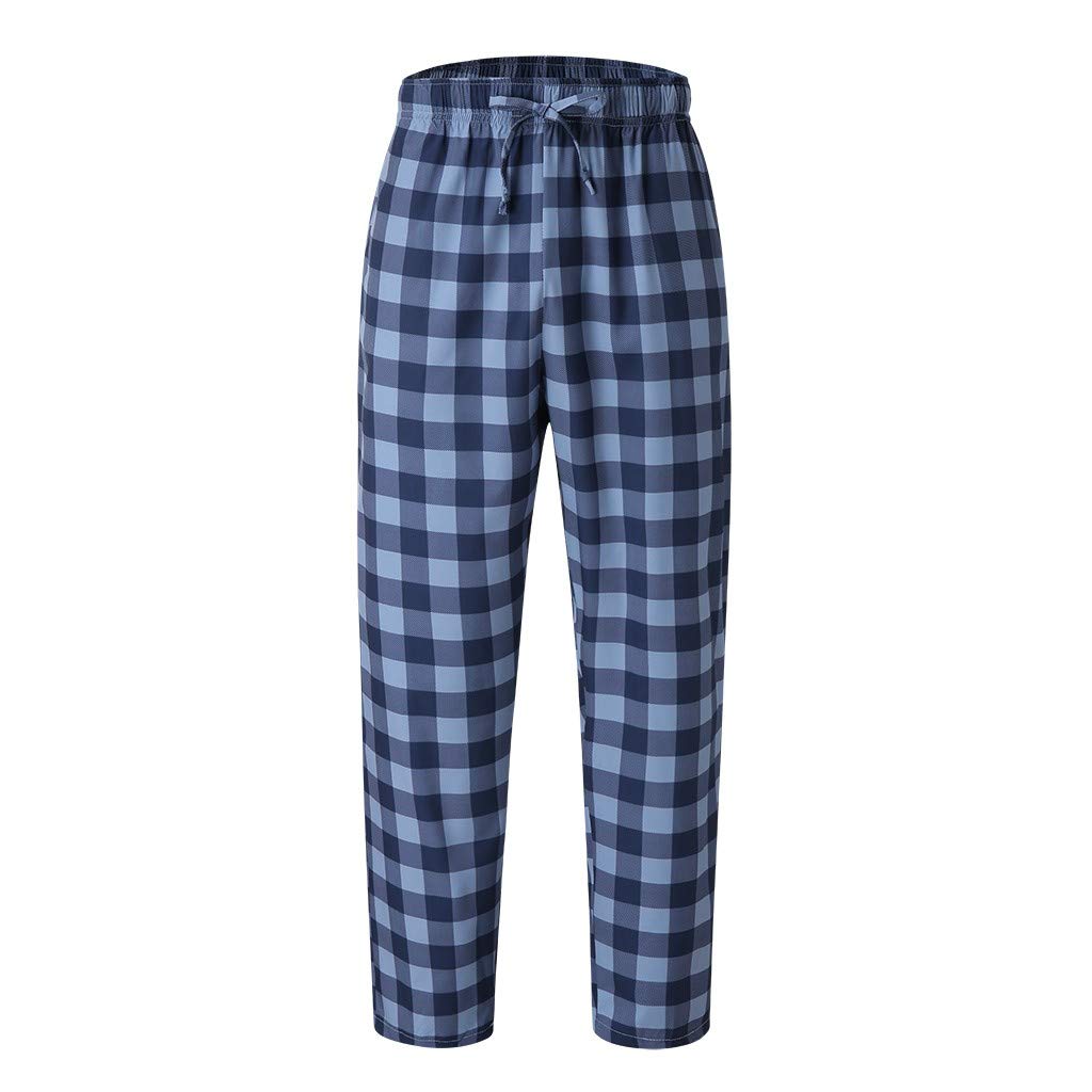 Mens Plaid Flannel Pajama Pants Comfy Sleep Lounge PJ Bottoms with Pockets Cotton Linen Elastic Waistband Wide Leg Long John Blue