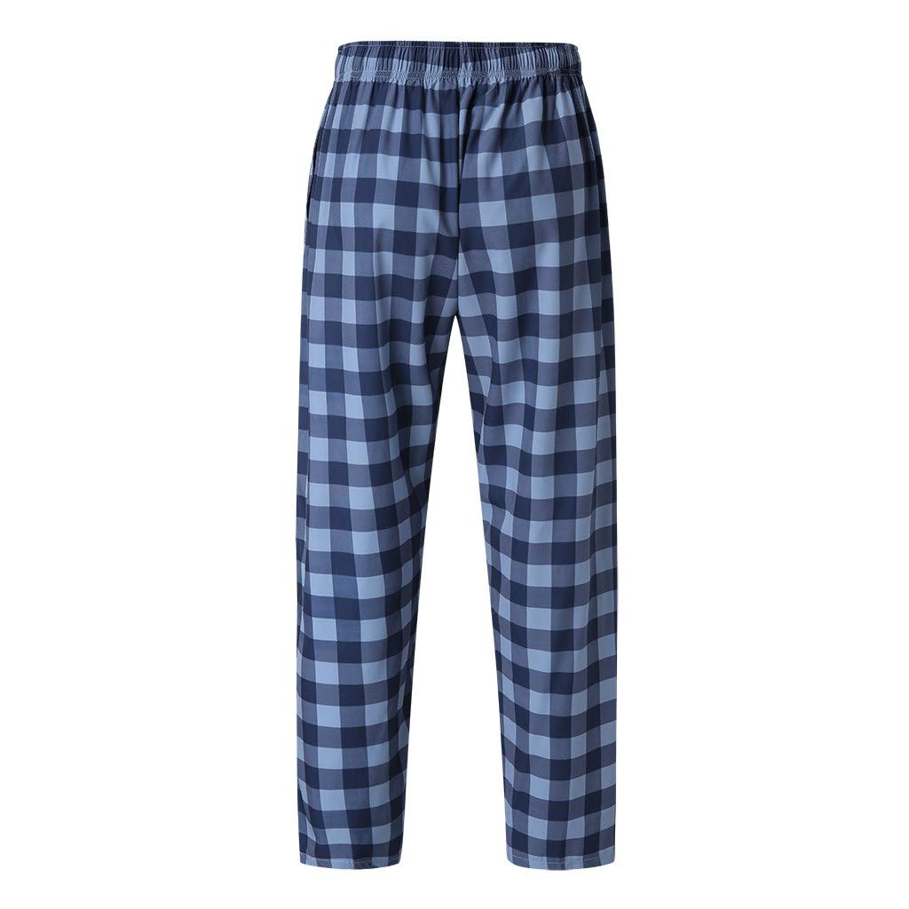 Mens Plaid Flannel Pajama Pants Comfy Sleep Lounge PJ Bottoms with Pockets Cotton Linen Elastic Waistband Wide Leg Long John Blue