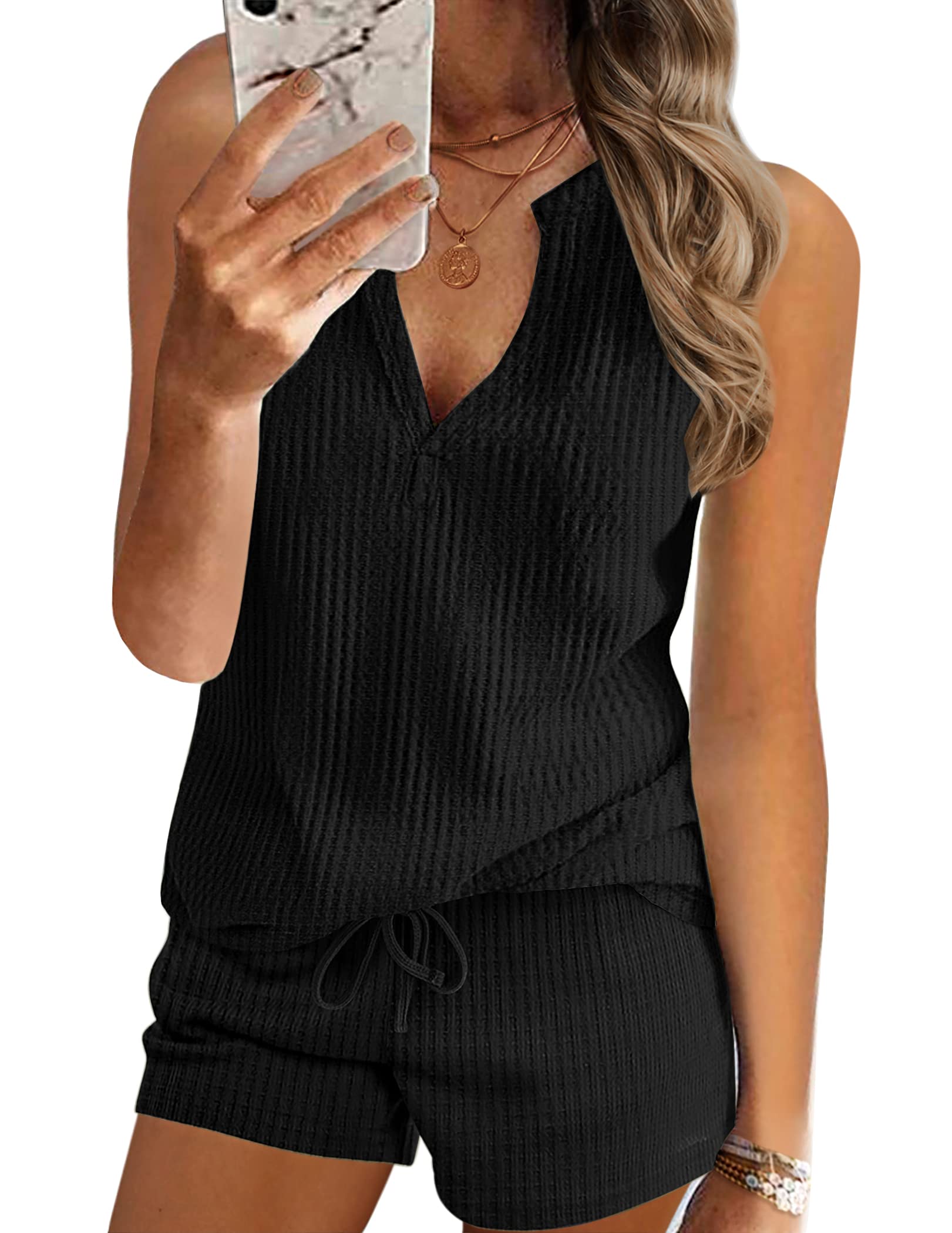 Ekouaer Pajamas Tank Top and Shorts Lounge Sets Waffle Knit V Neck Pj Short Sets Casual Outfits for Women Black X-Large