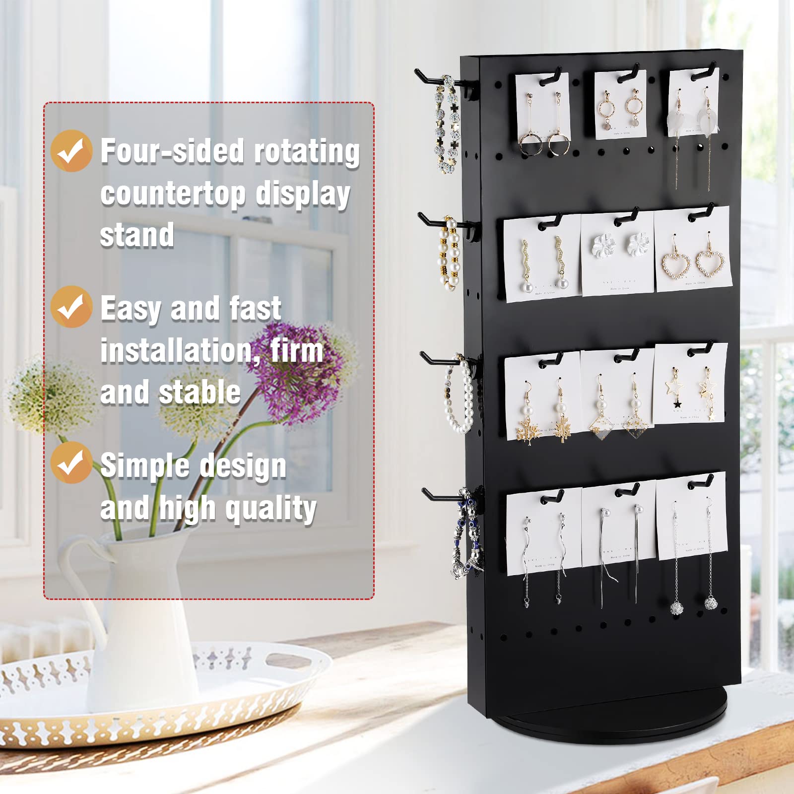 Rotating Display Stand Pegboard Display Rack 10.4'' W 23.6'' H Four Sided Peg Board Display Stands for Selling Vendor Craft Shows Pegboard Organizer Retail Counter Display with 54 Pcs Hooks (Black)