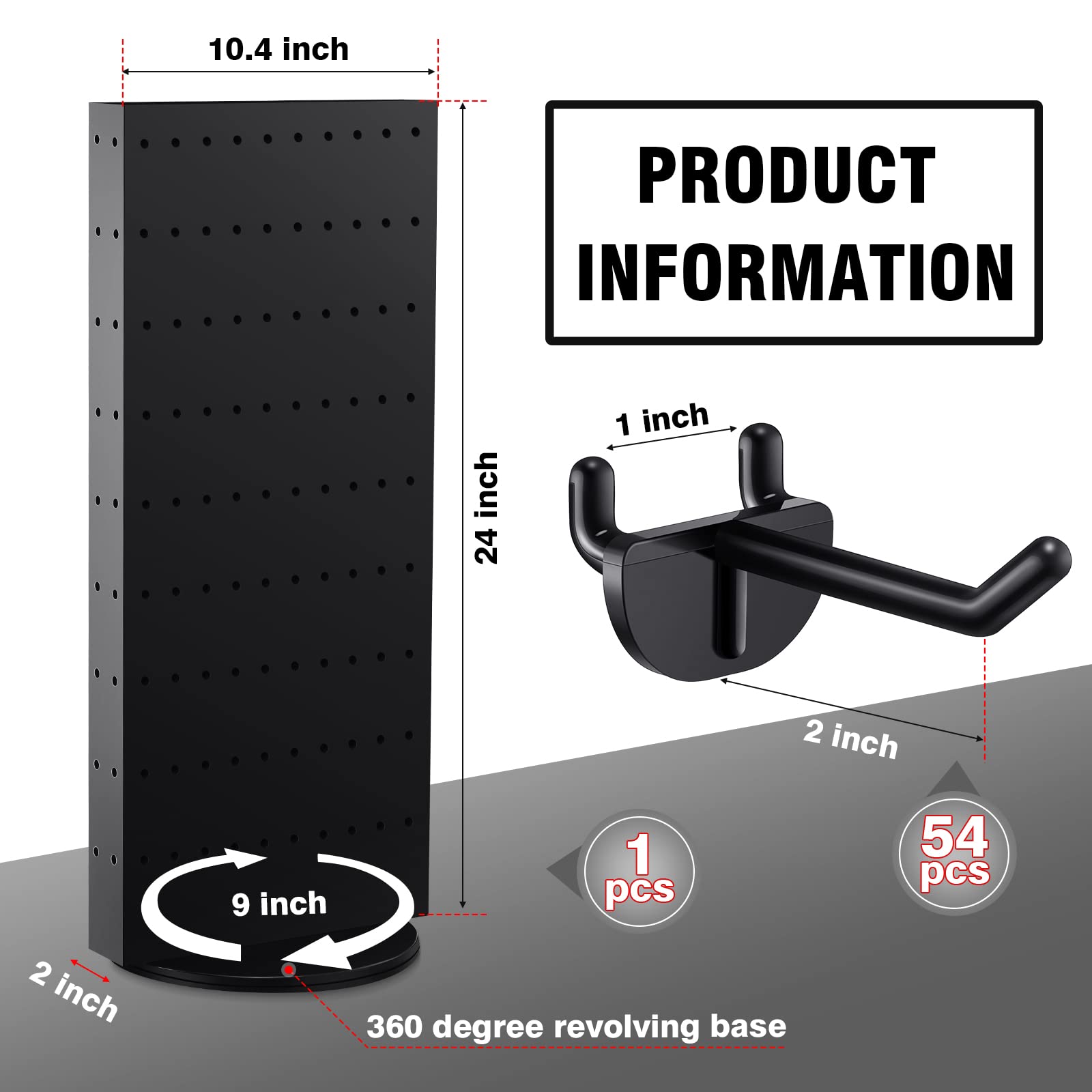 Rotating Display Stand Pegboard Display Rack 10.4'' W 23.6'' H Four Sided Peg Board Display Stands for Selling Vendor Craft Shows Pegboard Organizer Retail Counter Display with 54 Pcs Hooks (Black)