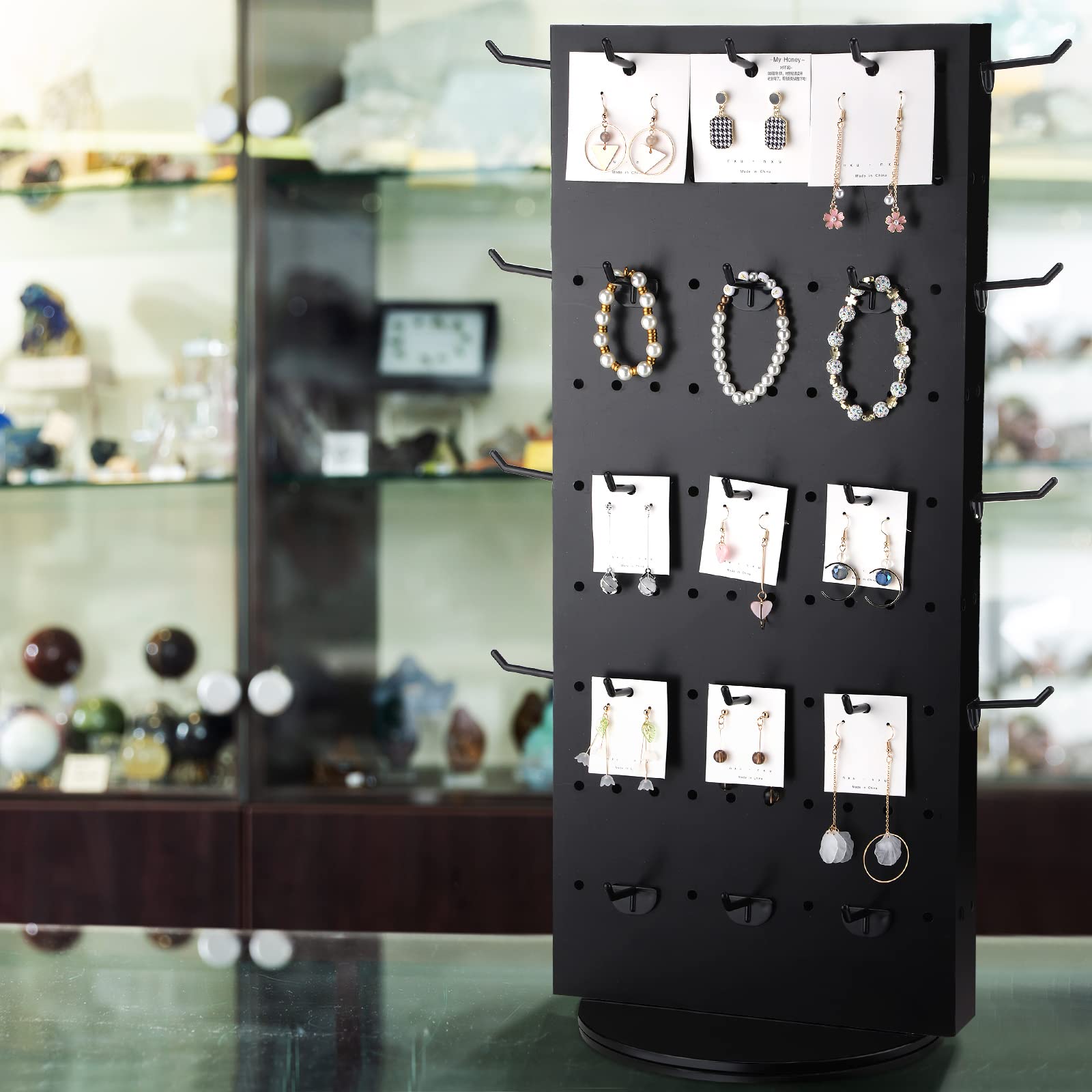 Rotating Display Stand Pegboard Display Rack 10.4'' W 23.6'' H Four Sided Peg Board Display Stands for Selling Vendor Craft Shows Pegboard Organizer Retail Counter Display with 54 Pcs Hooks (Black)