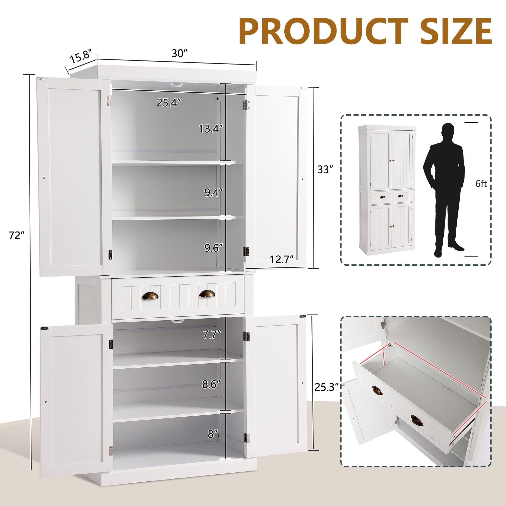 LOUVIXA 72" Kitchen Pantry Storage Cabinet, Freestanding Cupboard with 2 Cabinets, Drawer and Adjustable Shelves, Tall Storage Cabinet for Kitchen, Dinning Room, Living Room (White)