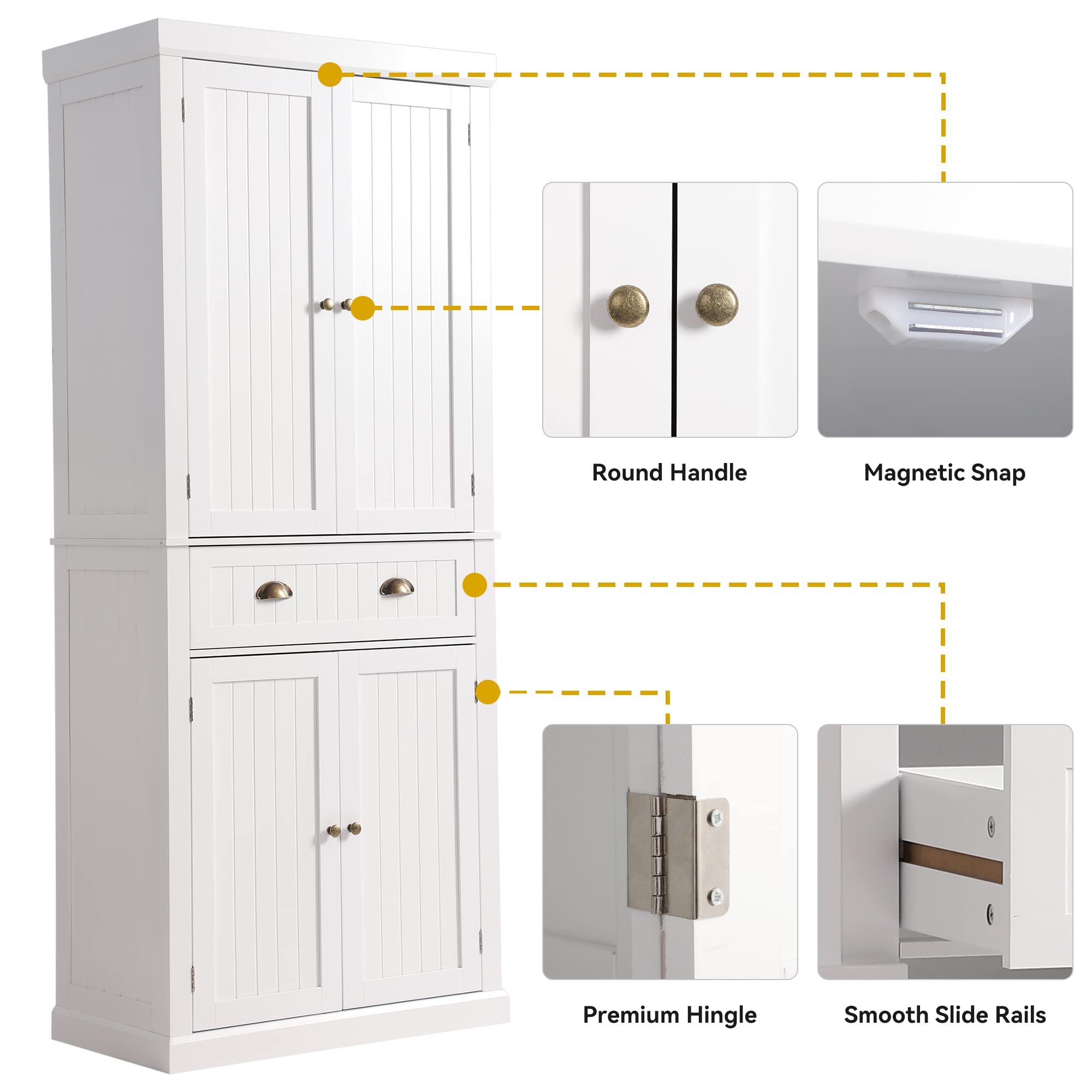 LOUVIXA 72" Kitchen Pantry Storage Cabinet, Freestanding Cupboard with 2 Cabinets, Drawer and Adjustable Shelves, Tall Storage Cabinet for Kitchen, Dinning Room, Living Room (White)