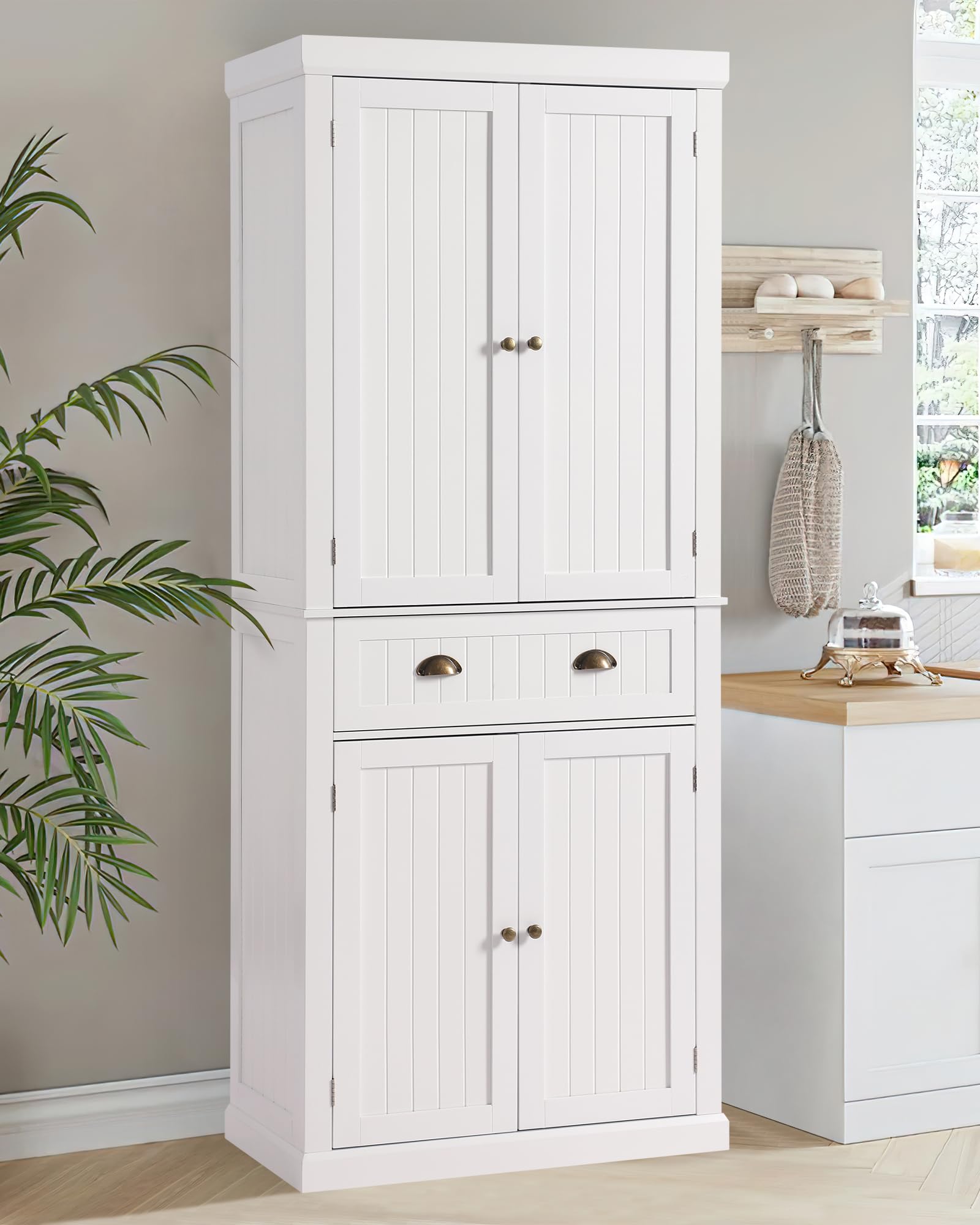 LOUVIXA 72" Kitchen Pantry Storage Cabinet, Freestanding Cupboard with 2 Cabinets, Drawer and Adjustable Shelves, Tall Storage Cabinet for Kitchen, Dinning Room, Living Room (White)