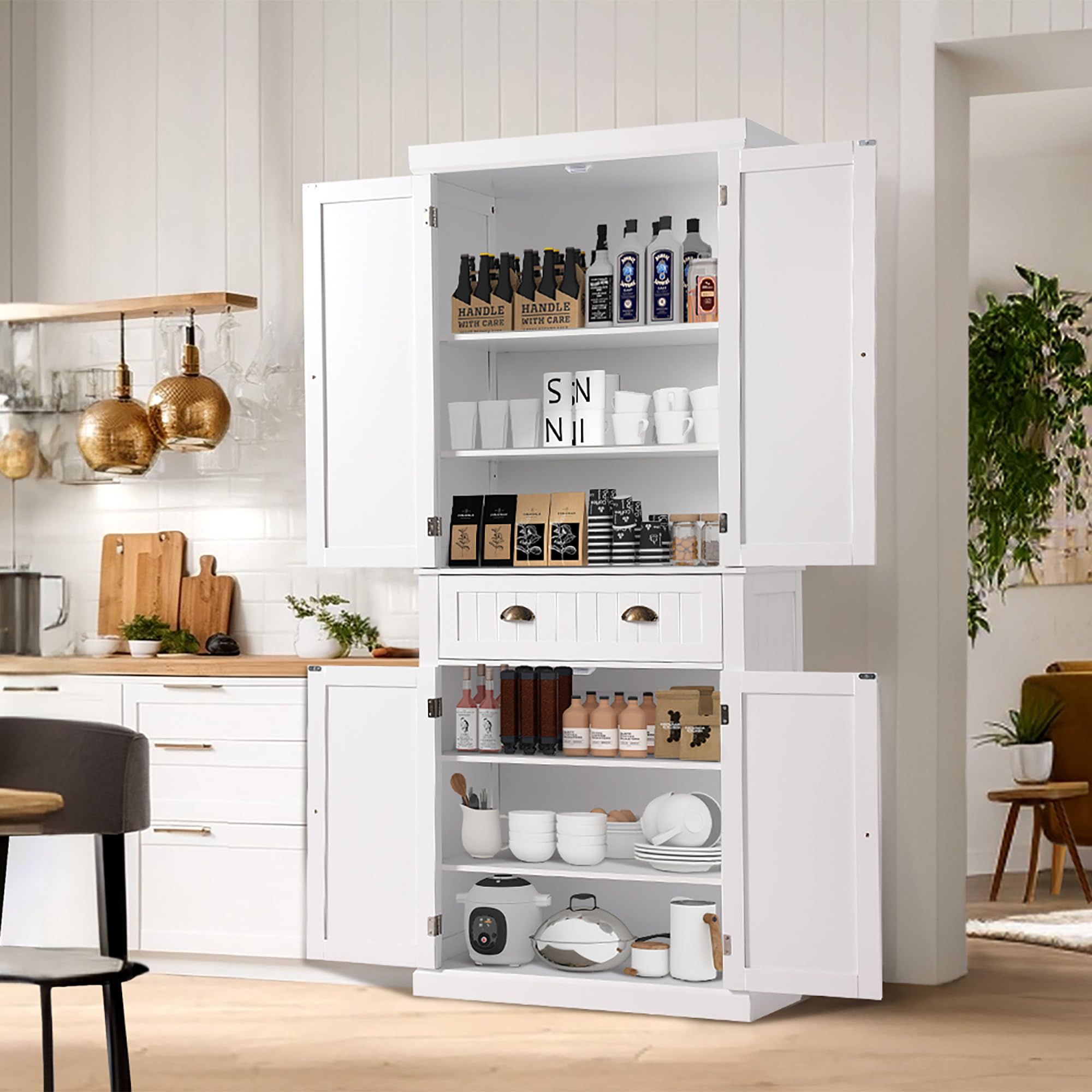 LOUVIXA 72" Kitchen Pantry Storage Cabinet, Freestanding Cupboard with 2 Cabinets, Drawer and Adjustable Shelves, Tall Storage Cabinet for Kitchen, Dinning Room, Living Room (White)