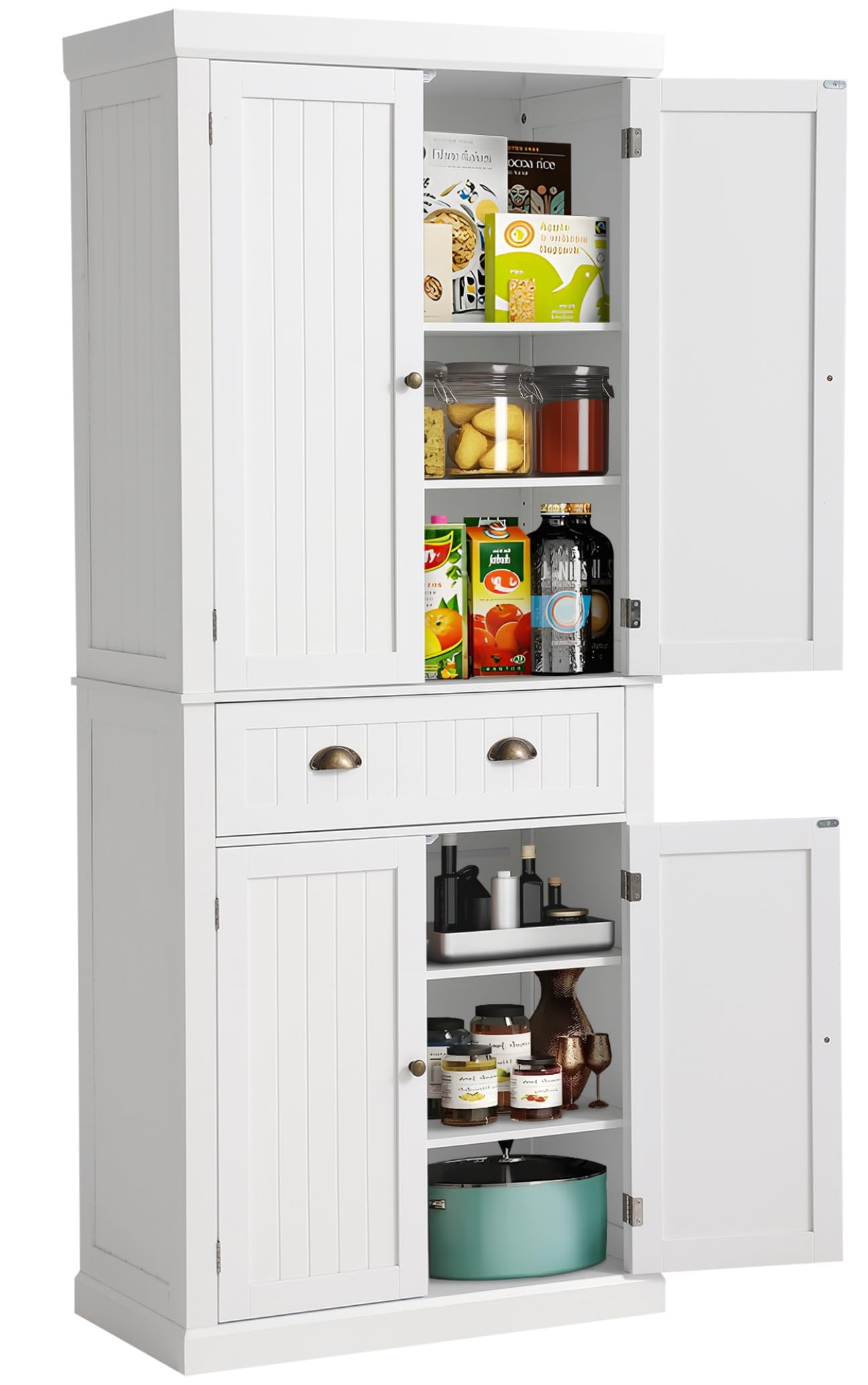 LOUVIXA 72" Kitchen Pantry Storage Cabinet, Freestanding Cupboard with 2 Cabinets, Drawer and Adjustable Shelves, Tall Storage Cabinet for Kitchen, Dinning Room, Living Room (White)