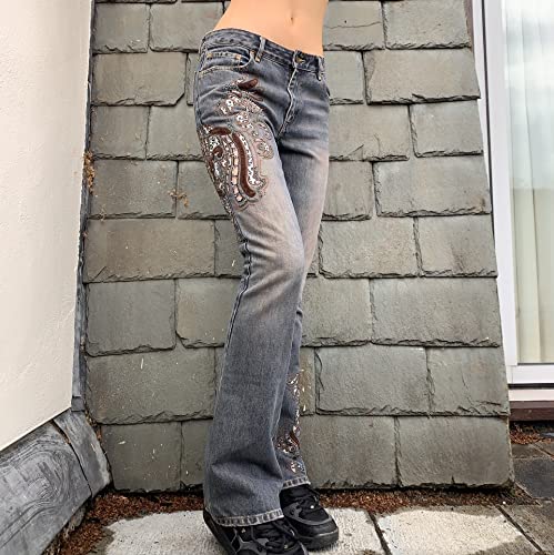 HOXIJIA Women High Waisted Wide Leg Denim Pants Y2K Patterned Baggy Flared Hem Jeans Stretch Bell Bottom Trousers (Blue-E, M)