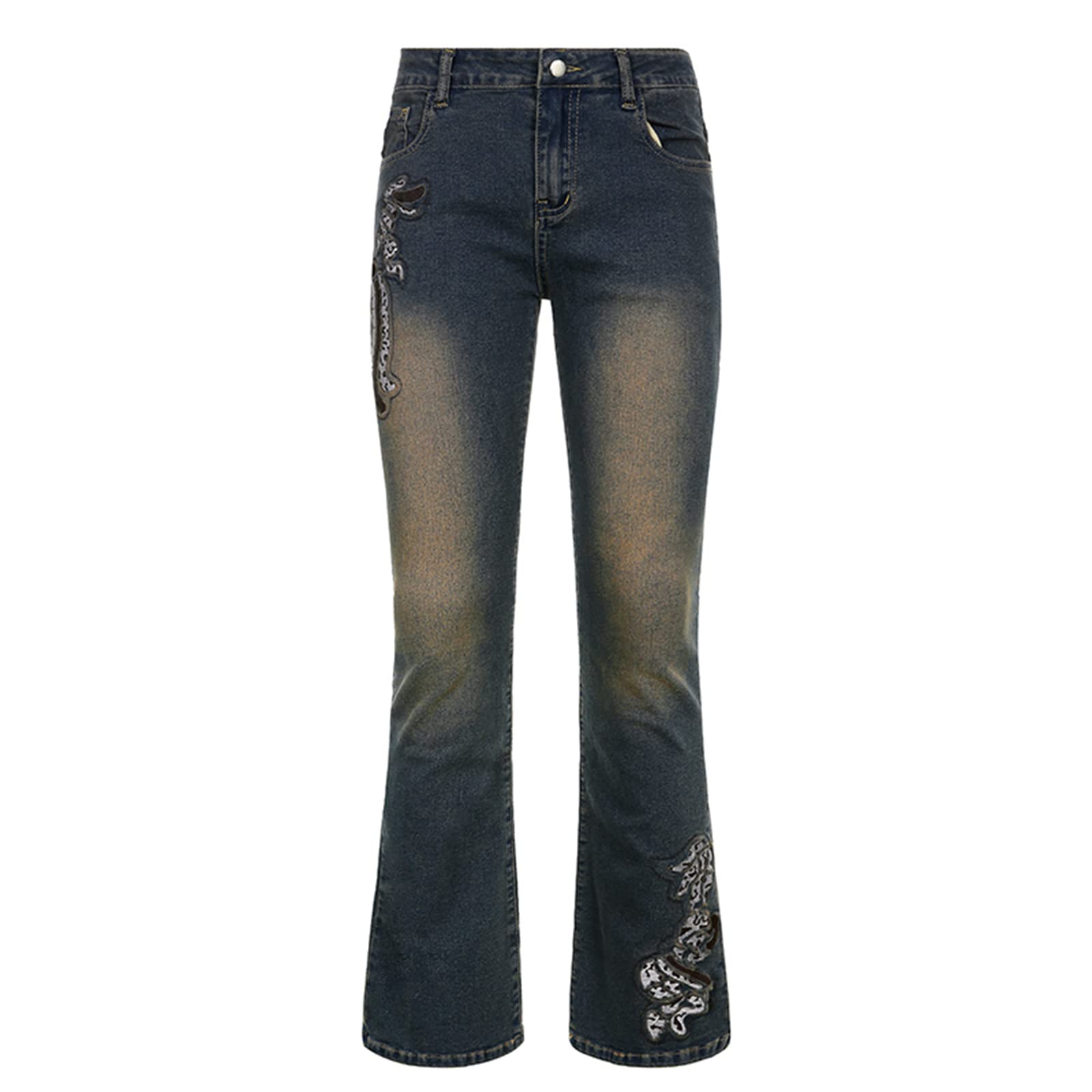 HOXIJIA Women High Waisted Wide Leg Denim Pants Y2K Patterned Baggy Flared Hem Jeans Stretch Bell Bottom Trousers (Blue-E, M)