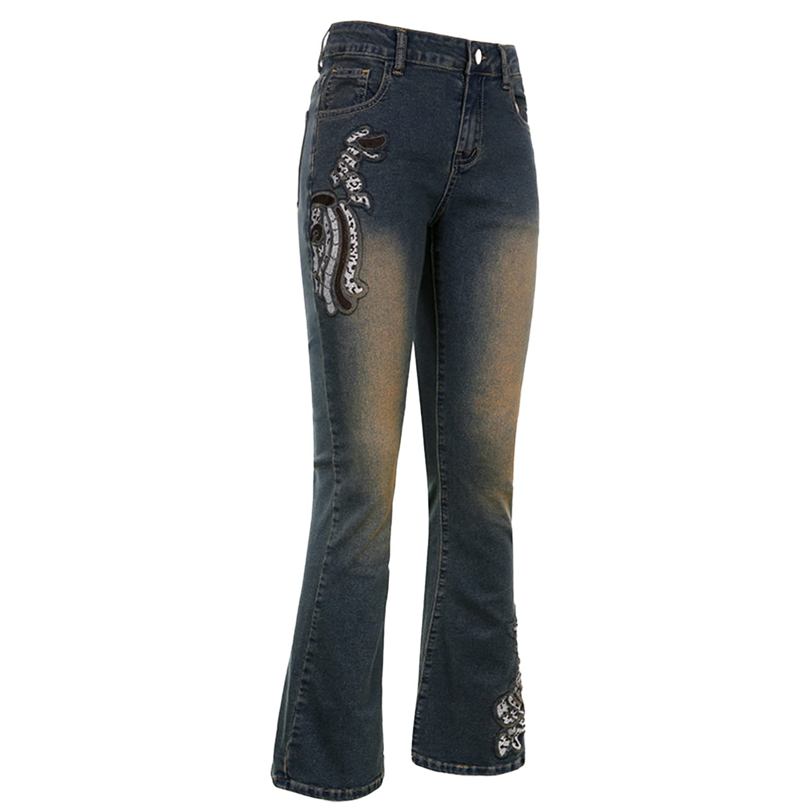 HOXIJIA Women High Waisted Wide Leg Denim Pants Y2K Patterned Baggy Flared Hem Jeans Stretch Bell Bottom Trousers (Blue-E, M)