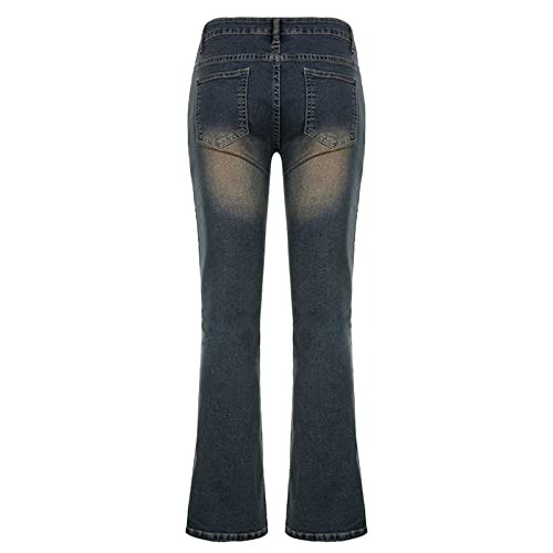 HOXIJIA Women High Waisted Wide Leg Denim Pants Y2K Patterned Baggy Flared Hem Jeans Stretch Bell Bottom Trousers (Blue-E, M)