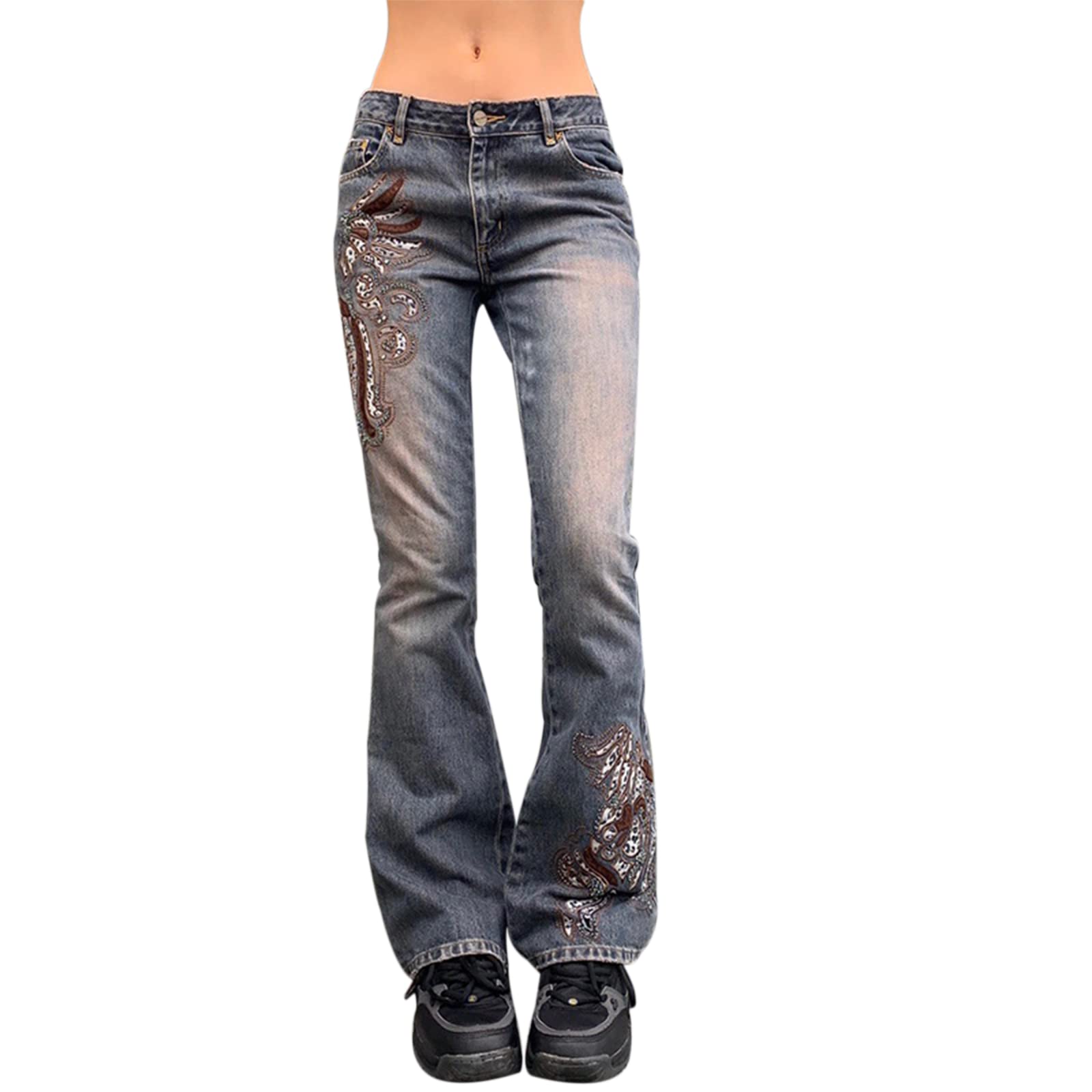 HOXIJIA Women High Waisted Wide Leg Denim Pants Y2K Patterned Baggy Flared Hem Jeans Stretch Bell Bottom Trousers (Blue-E, M)