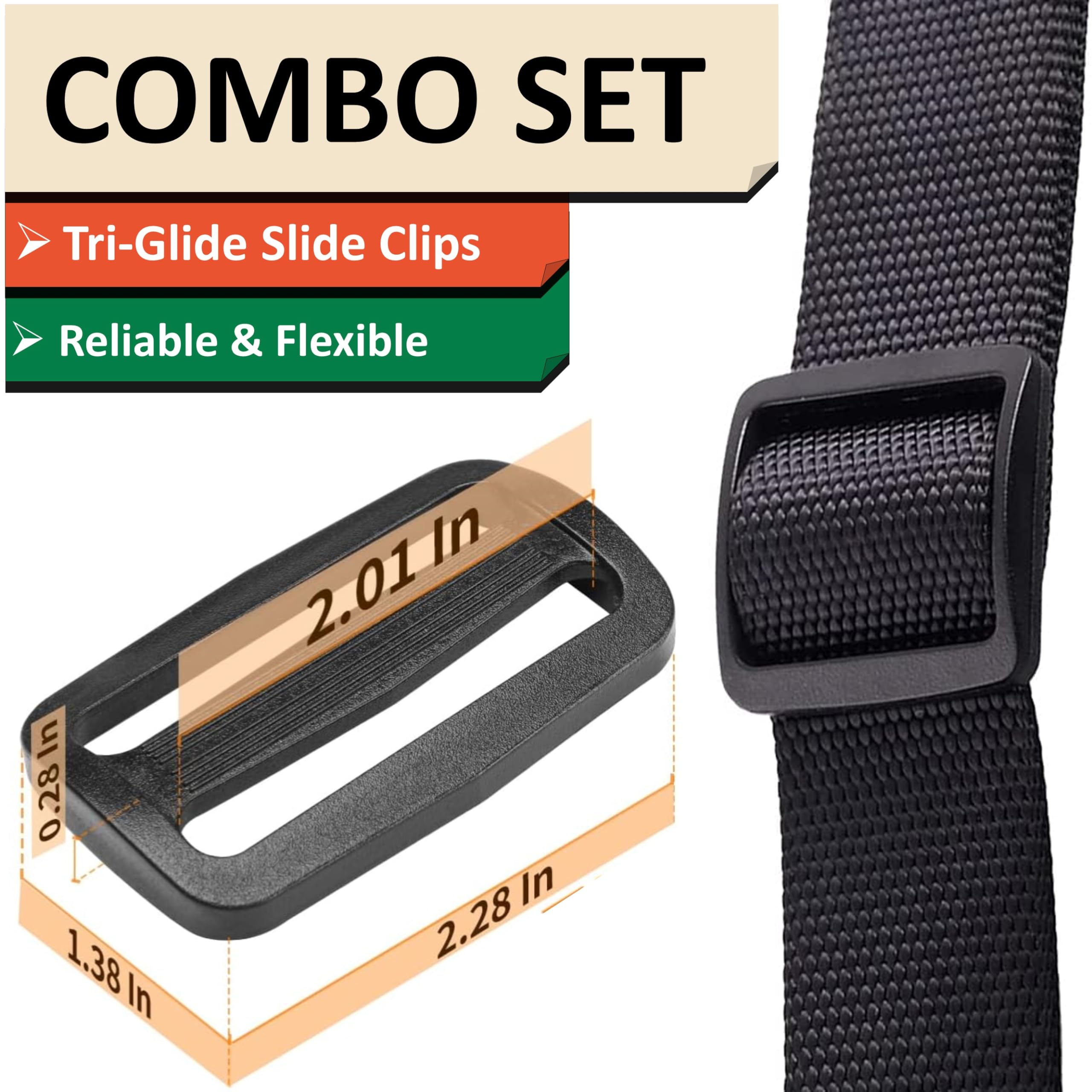 DEYACE 2 Inch Nylon Webbing Strap with Plastic Tri-Glide Slide Clips, 10 25 50 Yards Heavy Duty Nylon Strapping for Indoor or Outdoor Gear, DIY Crafting, Repairing (White, 2" x 10 Yards)