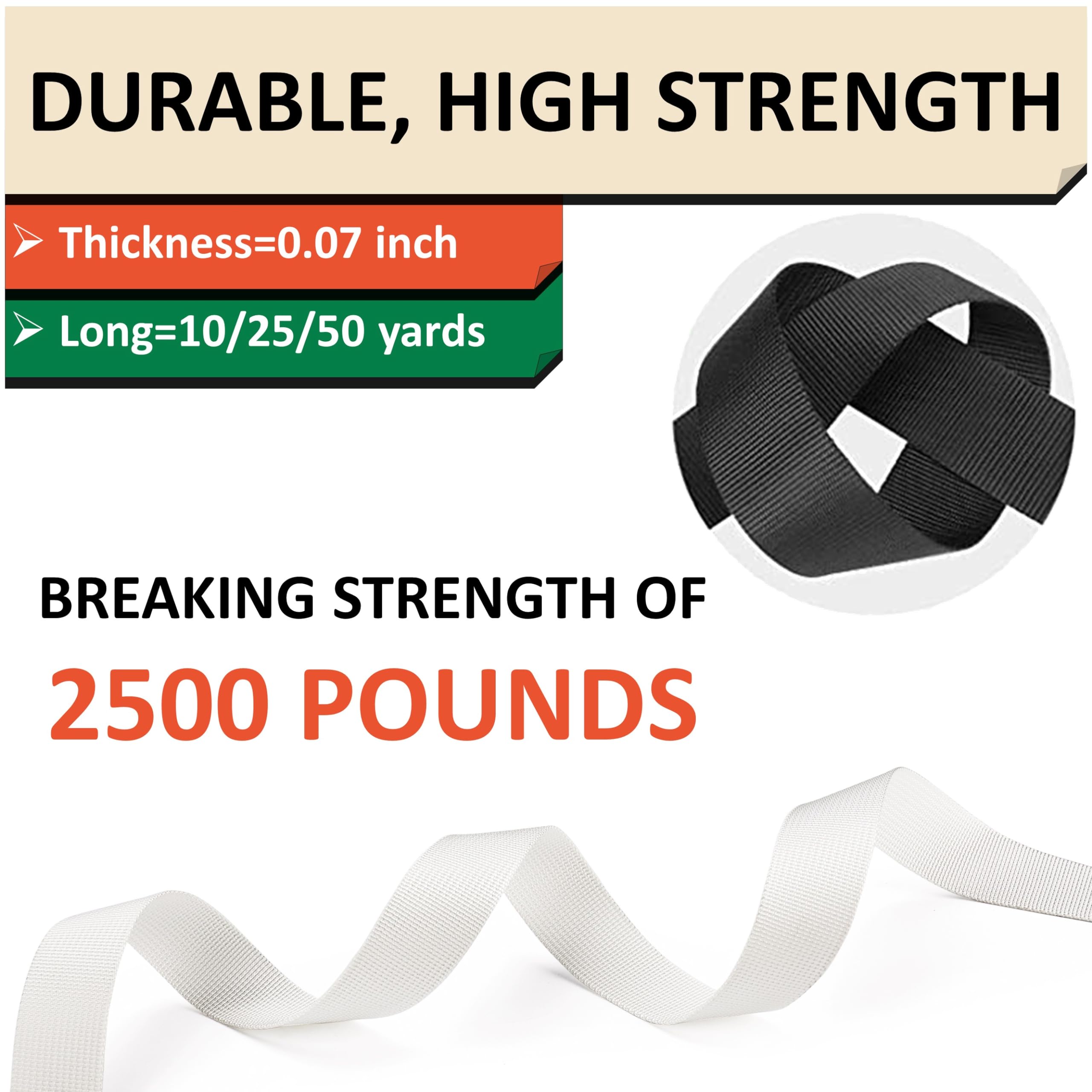 DEYACE 2 Inch Nylon Webbing Strap with Plastic Tri-Glide Slide Clips, 10 25 50 Yards Heavy Duty Nylon Strapping for Indoor or Outdoor Gear, DIY Crafting, Repairing (White, 2" x 10 Yards)