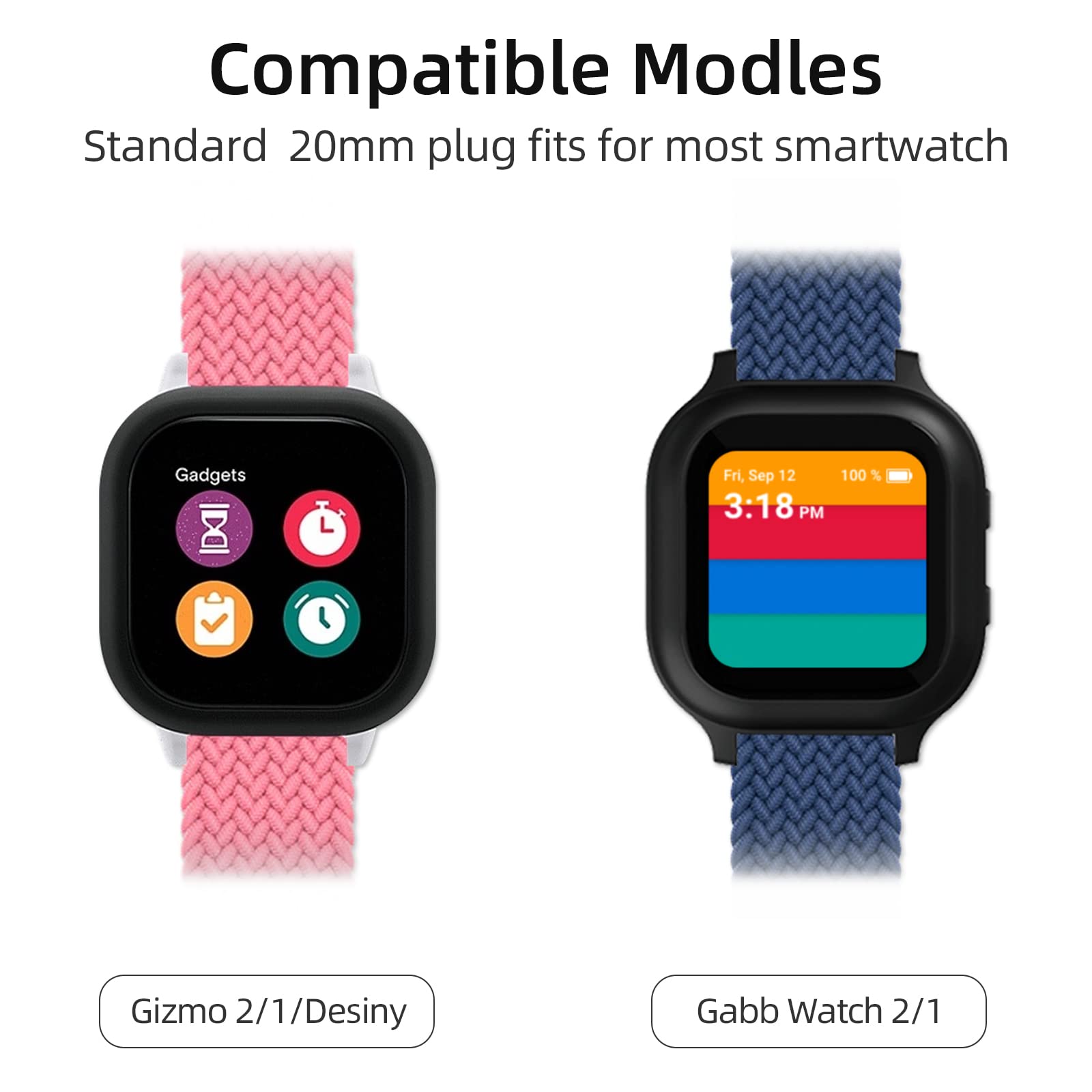 SimpleThings Nylon Solo Loop Compatible for Gizmo Watch Gabb Watch 1/2/3 Watch Band Replacement, 20mm Braided Breathable Stretchy Sport Watch Strap for Kids Boys Girls