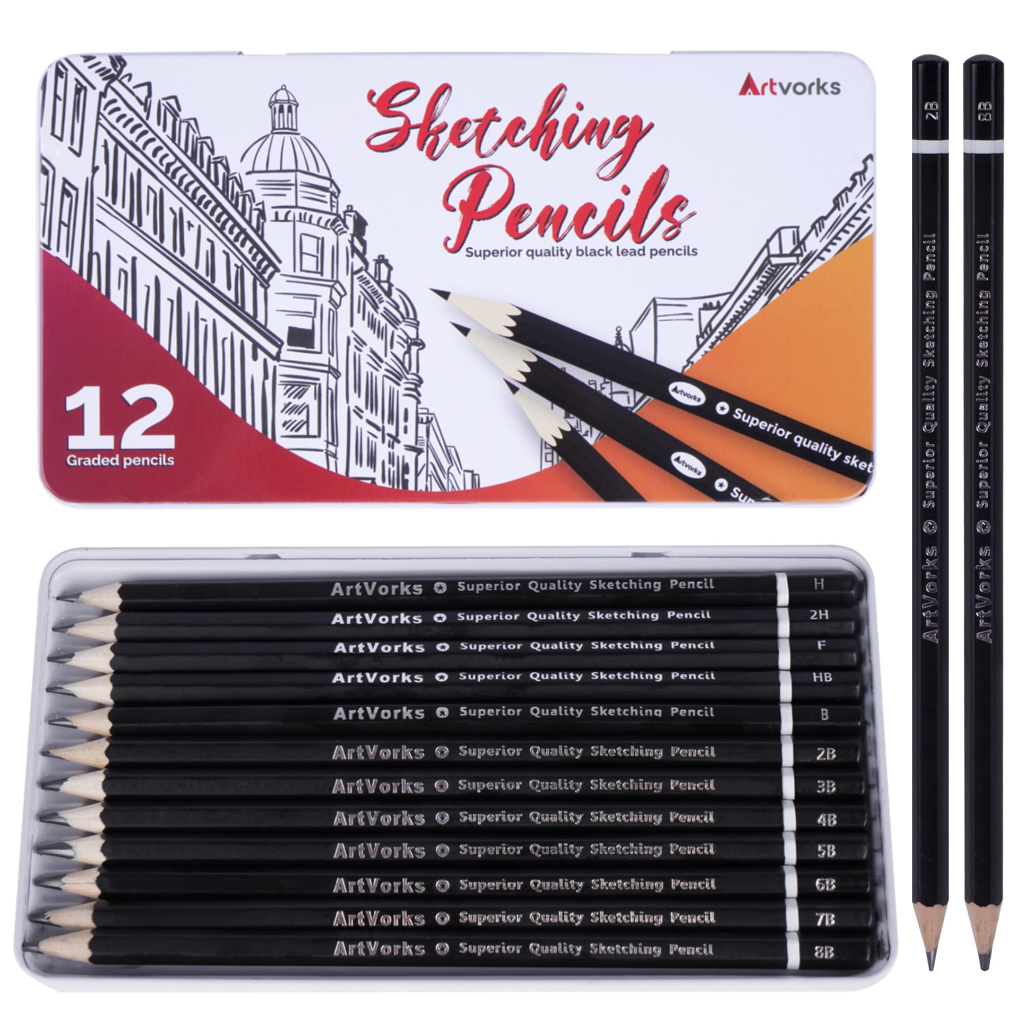 Artvorks 12 PCS Drawing Pencils – Professional Graphite Sketch Pencils (8B-2H) in a Robust Metal Case – Ideal for Drawing, Sketching, Shading for Artists & Beginners