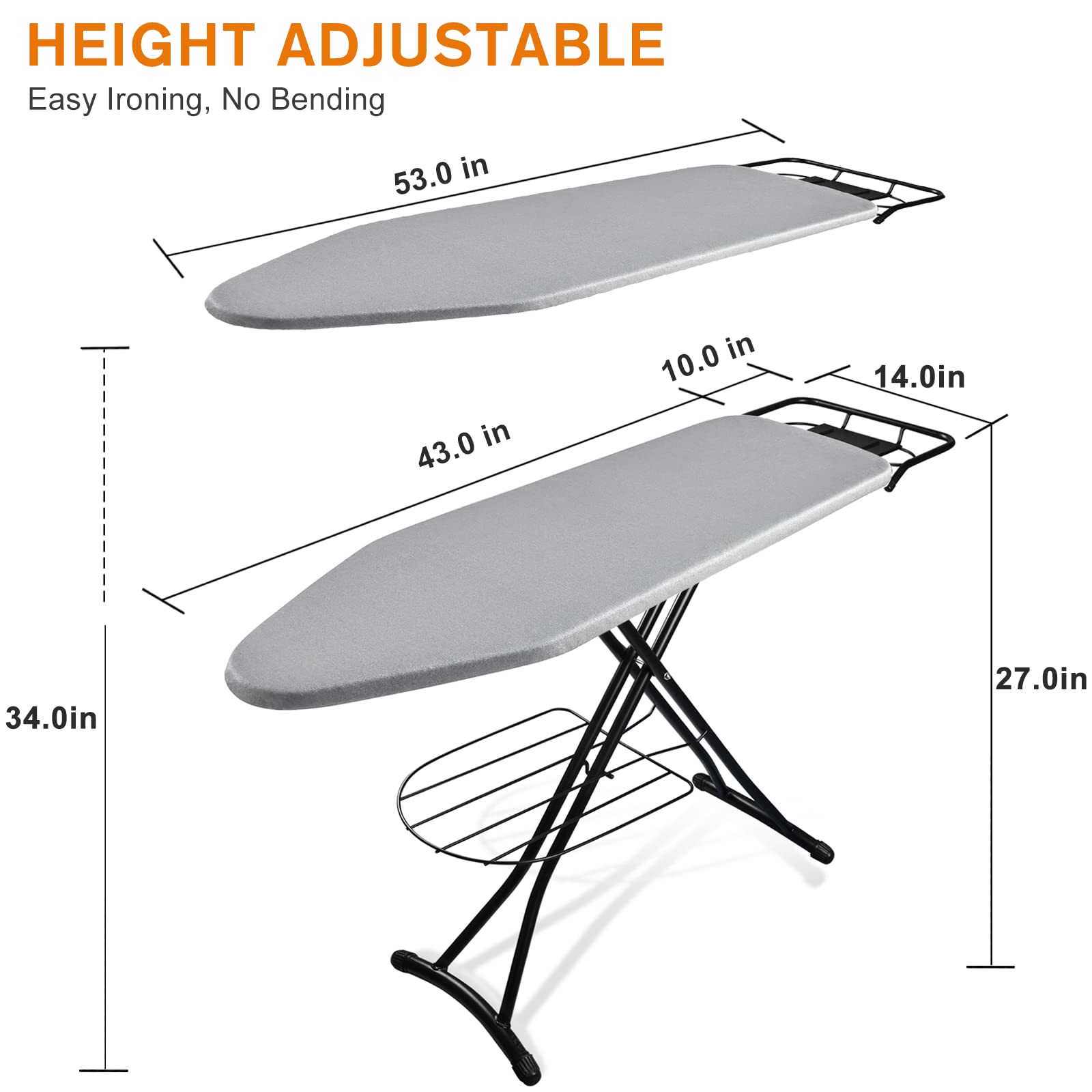 PickyanDco Foldable Ironing Board with Heat Resistant Cover, Steam Iron Rest and Non-Slip Legs - Sturdy Metal Frame Full Metal Construction Iron Board(14 * 34 * 53inches)