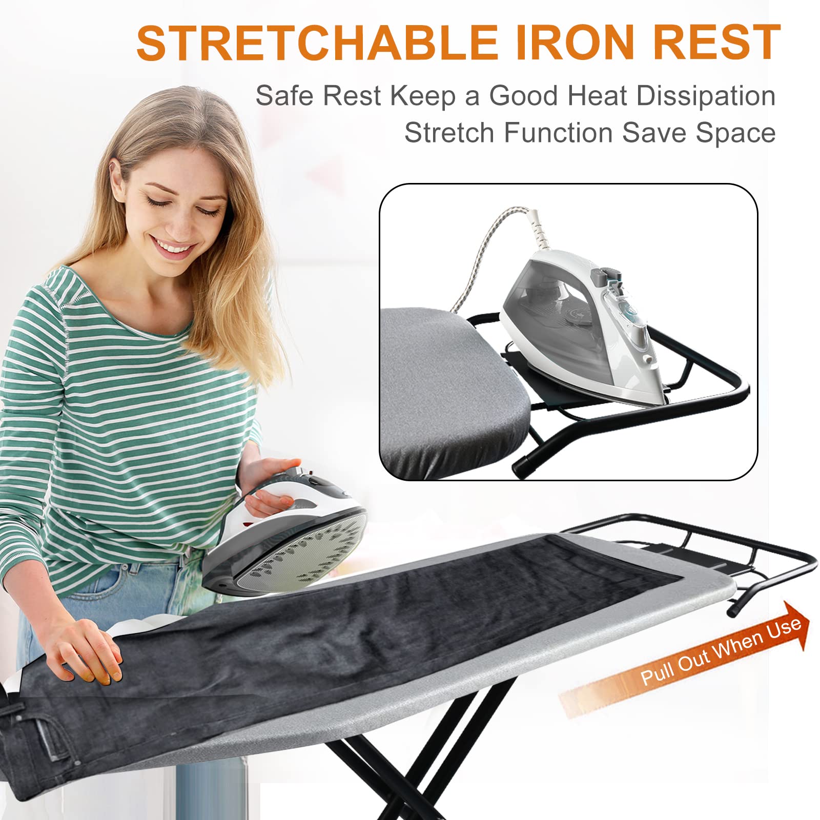 PickyanDco Foldable Ironing Board with Heat Resistant Cover, Steam Iron Rest and Non-Slip Legs - Sturdy Metal Frame Full Metal Construction Iron Board(14 * 34 * 53inches)