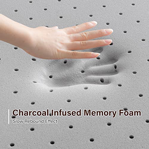UniPon 2 Inch Memory Foam Mattress Topper Queen Cooling Mattress Topper Charcoal Infused Bed Topper with Tencel Fiber Ingredient Removable Cover