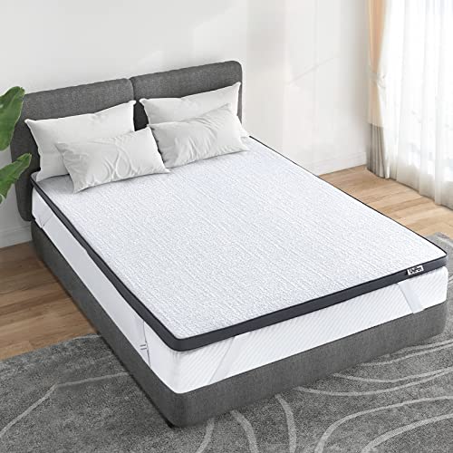 UniPon 2 Inch Memory Foam Mattress Topper Queen Cooling Mattress Topper Charcoal Infused Bed Topper with Tencel Fiber Ingredient Removable Cover