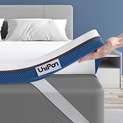 UniPon 2 Inch Gel-Infused Memory Foam Mattress Topper for Full Size Bed, Ventilated Bed Foam Topper for Back Pain and Pressure Relief, High-Density Cooling Mattress Pad with Removable & Soft Cover