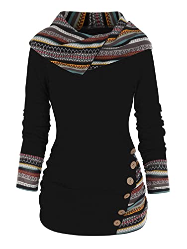 ZAFUL Women's Hoodies Long Sleeve Cowl Neck Button Hooded Shirts Knit Tops 2024 Fall Outfits Casual Boho Pullover Sweatshirt Black
