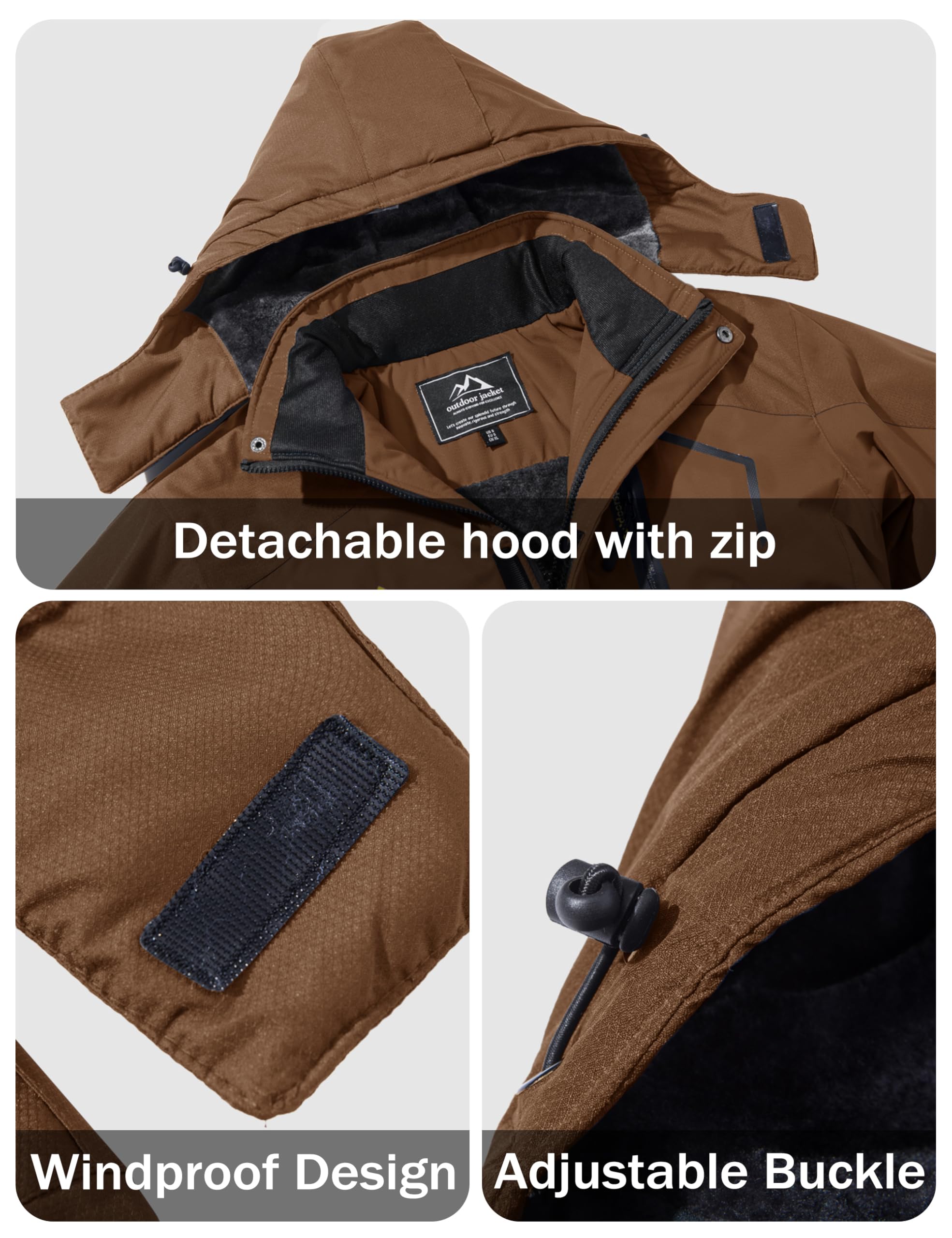 MAGCOMSEN Rain Jacket Men Rain Coats Warm Snow Jacket Waterproof Jacket Snowboarding Jacket Ski Jacket Skiing Jacket Winter Coat for Men Windbreaker Mens Parka Brown