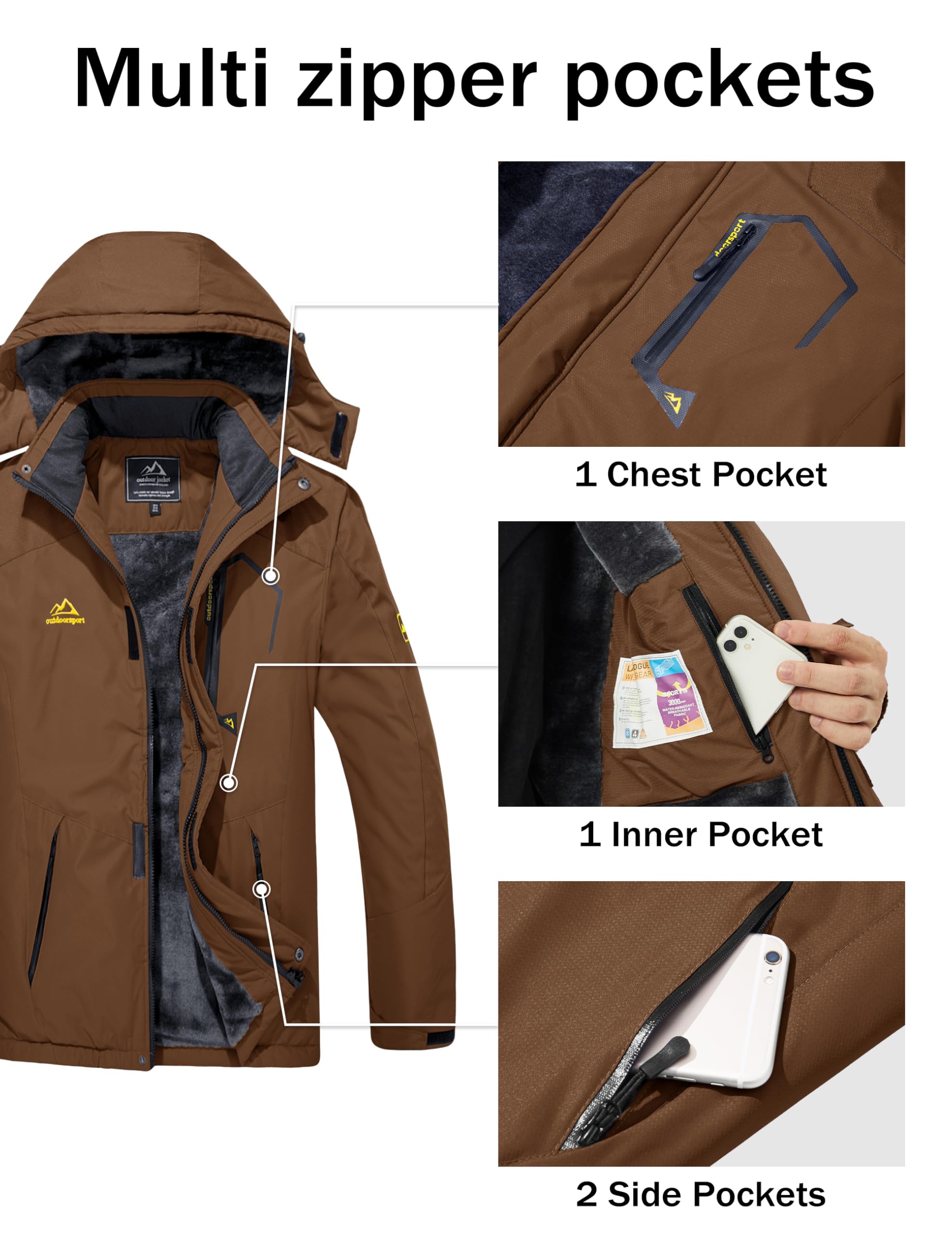 MAGCOMSEN Rain Jacket Men Rain Coats Warm Snow Jacket Waterproof Jacket Snowboarding Jacket Ski Jacket Skiing Jacket Winter Coat for Men Windbreaker Mens Parka Brown