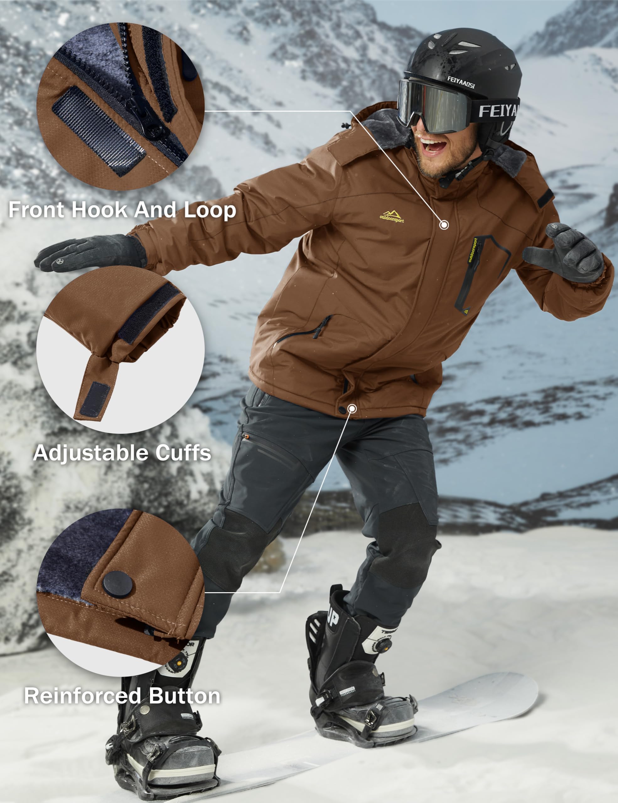 MAGCOMSEN Rain Jacket Men Rain Coats Warm Snow Jacket Waterproof Jacket Snowboarding Jacket Ski Jacket Skiing Jacket Winter Coat for Men Windbreaker Mens Parka Brown