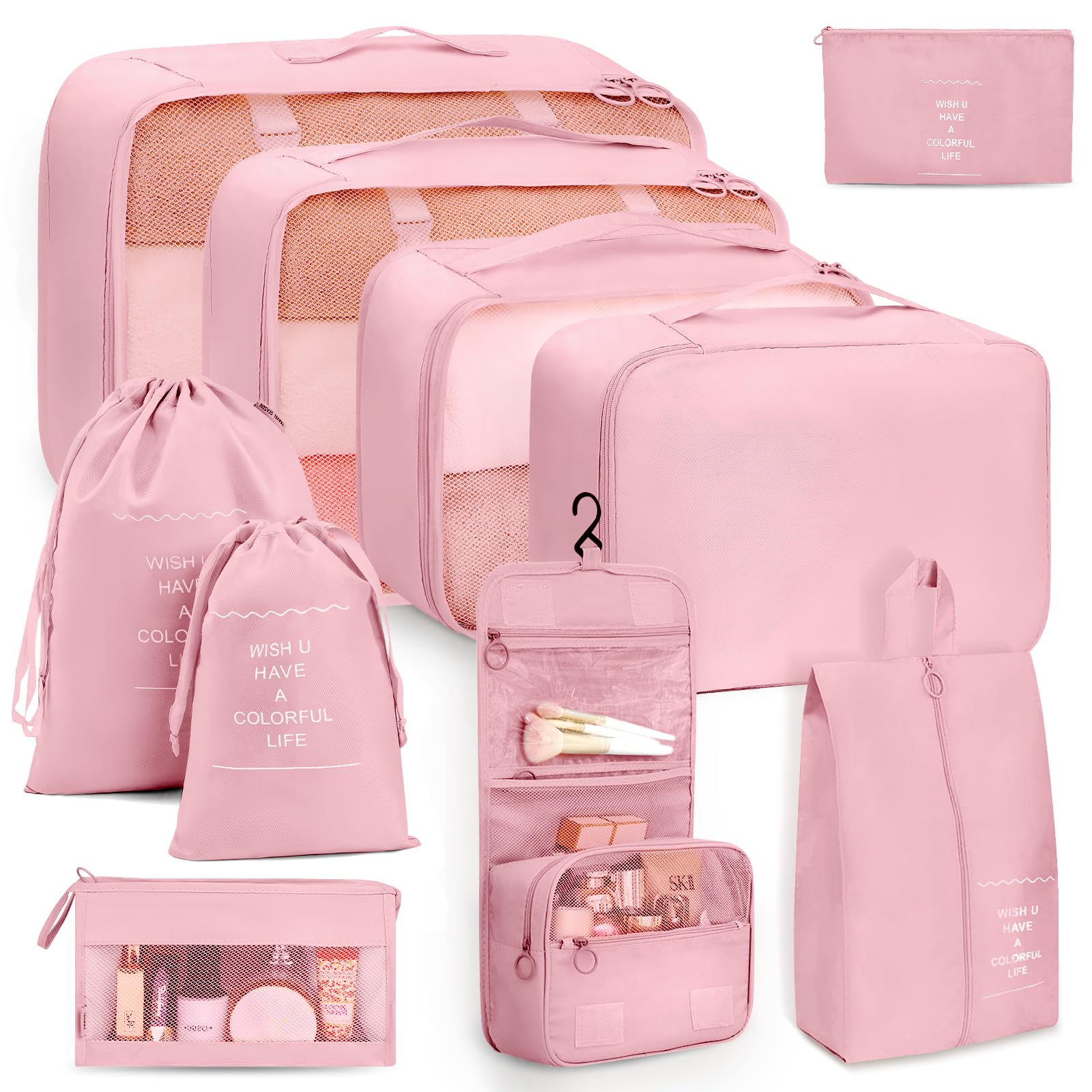 Anjing 10 Set Packing Cubes Luggage Packing Organizers for Travel Accessories Travel Essentials Luggage Organizer Bags for Carry on Suitcases, Pink, (WMUS1202X01-3)