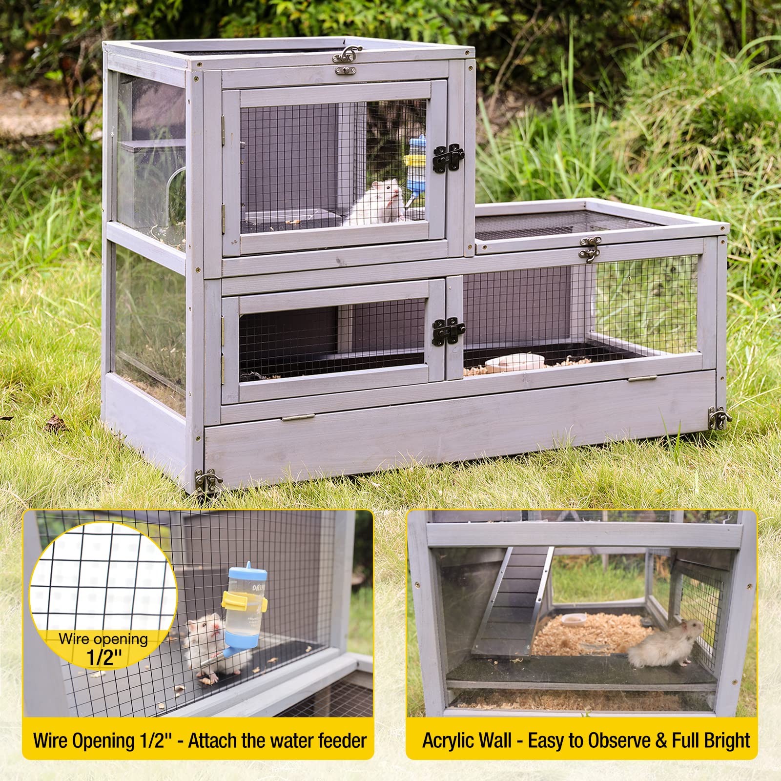 Aivituvin Guinea Pig Cage 2 Levels Wooden Rabbit Hutch with 2.36”Deeper Anti-Chewing Pull Out Tray Rat Cage with Hideout,Aluminium Alloy Edge…