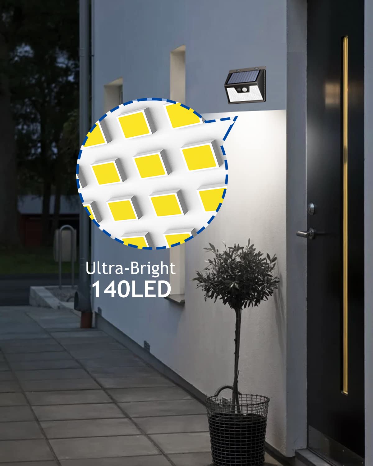 Peasur Solar Lights Outdoor Motion Sensor, 6 Pack 140 LED Solar Powered Fence Light Waterproof, 3 Modes Solar Security Wall Lighting for Outside Yard Deck Garden