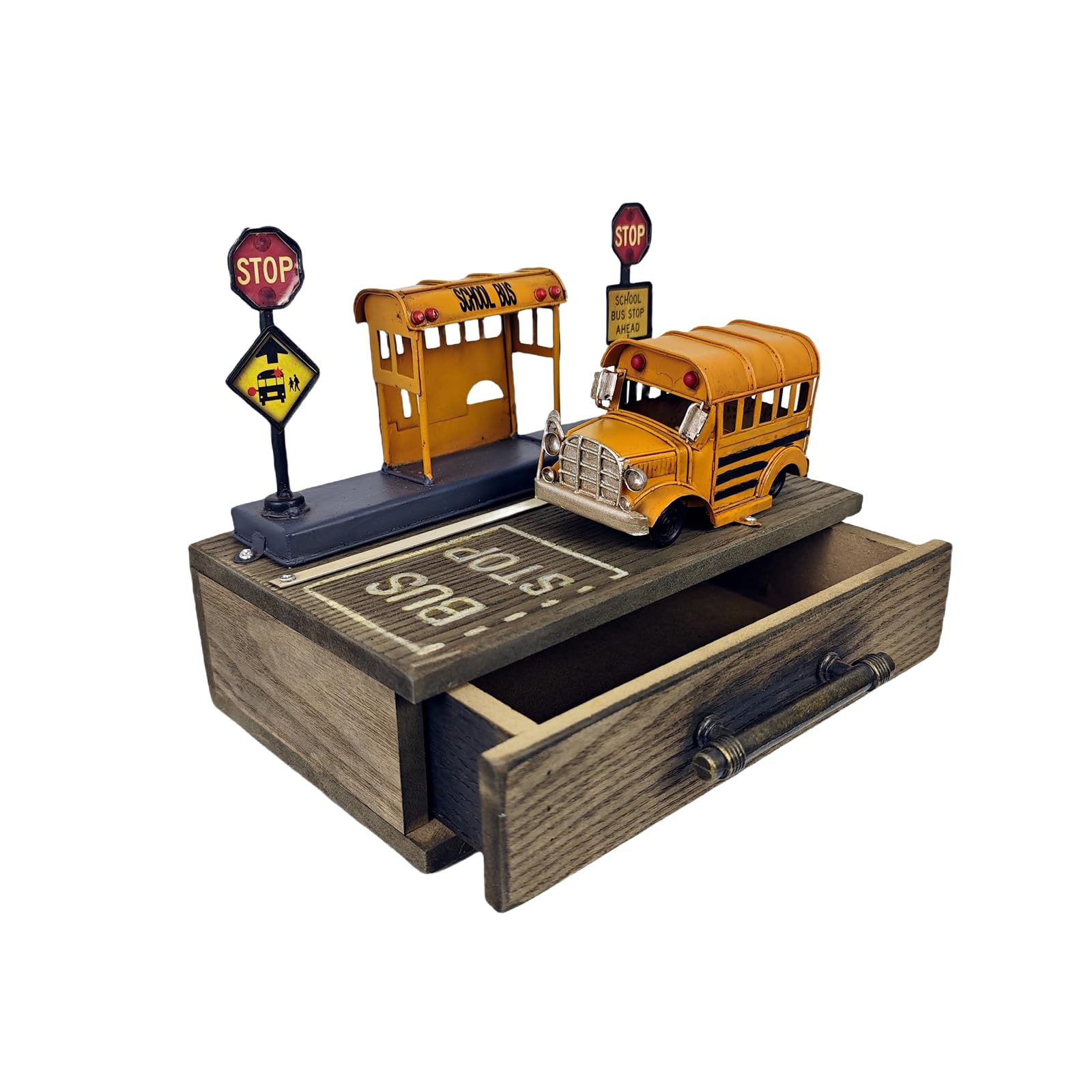 TRABEATOGA School Bus Station Model Miniature Storage Box Decoration Vintage School Bus Station Model Organizer Drawers Jewelry Box Ring Trinket Case Cabinet Retro Home Decor