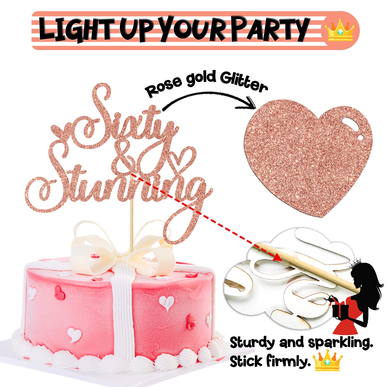 Rose Gold Glitter Sixty & Stunning Cake Topper, 60 Years Loved and Blessed/Cheers to 60 Years/60 & Fabulous, 60th Birthday/Anniversary Party Decorations