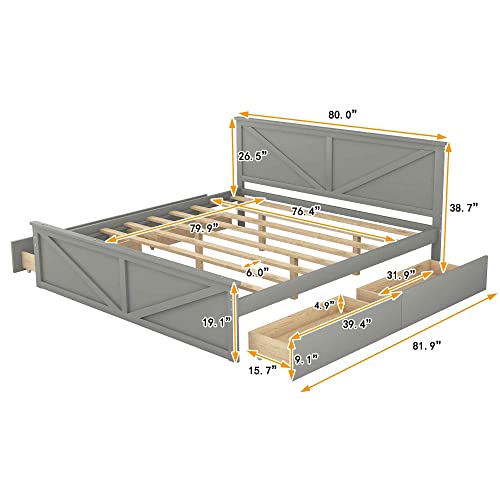 ATY King Size Platform Bed with 4 Storage Drawers, Wooden Bedframe w/Headboard and Support Legs, for Livingroom, Bedroom, Guestroom, No Box Spring Needed, Gray
