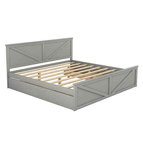 ATY King Size Platform Bed with 4 Storage Drawers, Wooden Bedframe w/Headboard and Support Legs, for Livingroom, Bedroom, Guestroom, No Box Spring Needed, Gray