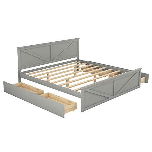 ATY King Size Platform Bed with 4 Storage Drawers, Wooden Bedframe w/Headboard and Support Legs, for Livingroom, Bedroom, Guestroom, No Box Spring Needed, Gray