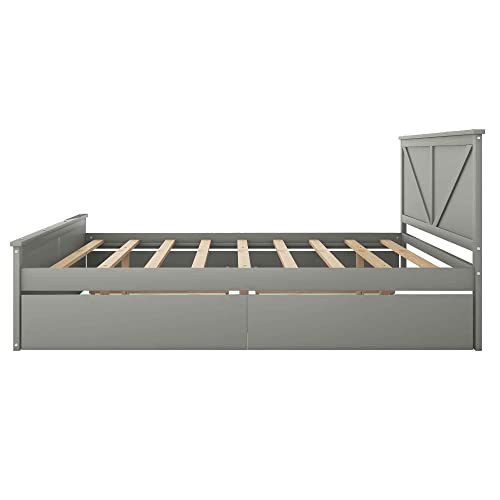 ATY King Size Platform Bed with 4 Storage Drawers, Wooden Bedframe w/Headboard and Support Legs, for Livingroom, Bedroom, Guestroom, No Box Spring Needed, Gray
