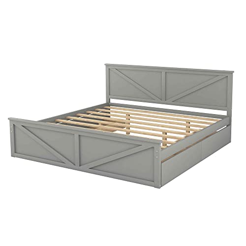 ATY King Size Platform Bed with 4 Storage Drawers, Wooden Bedframe w/Headboard and Support Legs, for Livingroom, Bedroom, Guestroom, No Box Spring Needed, Gray