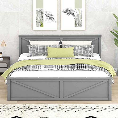 ATY King Size Platform Bed with 4 Storage Drawers, Wooden Bedframe w/Headboard and Support Legs, for Livingroom, Bedroom, Guestroom, No Box Spring Needed, Gray