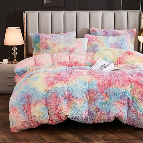 Yaoshuho Plush Fluffy Duvet Cover King Size Luxury Ultra Soft Shaggy Duvet Cover Set Faux Fur Comforter Bedding Set(1 Duvet Cover + 2 Pillow Shams), Rainbow