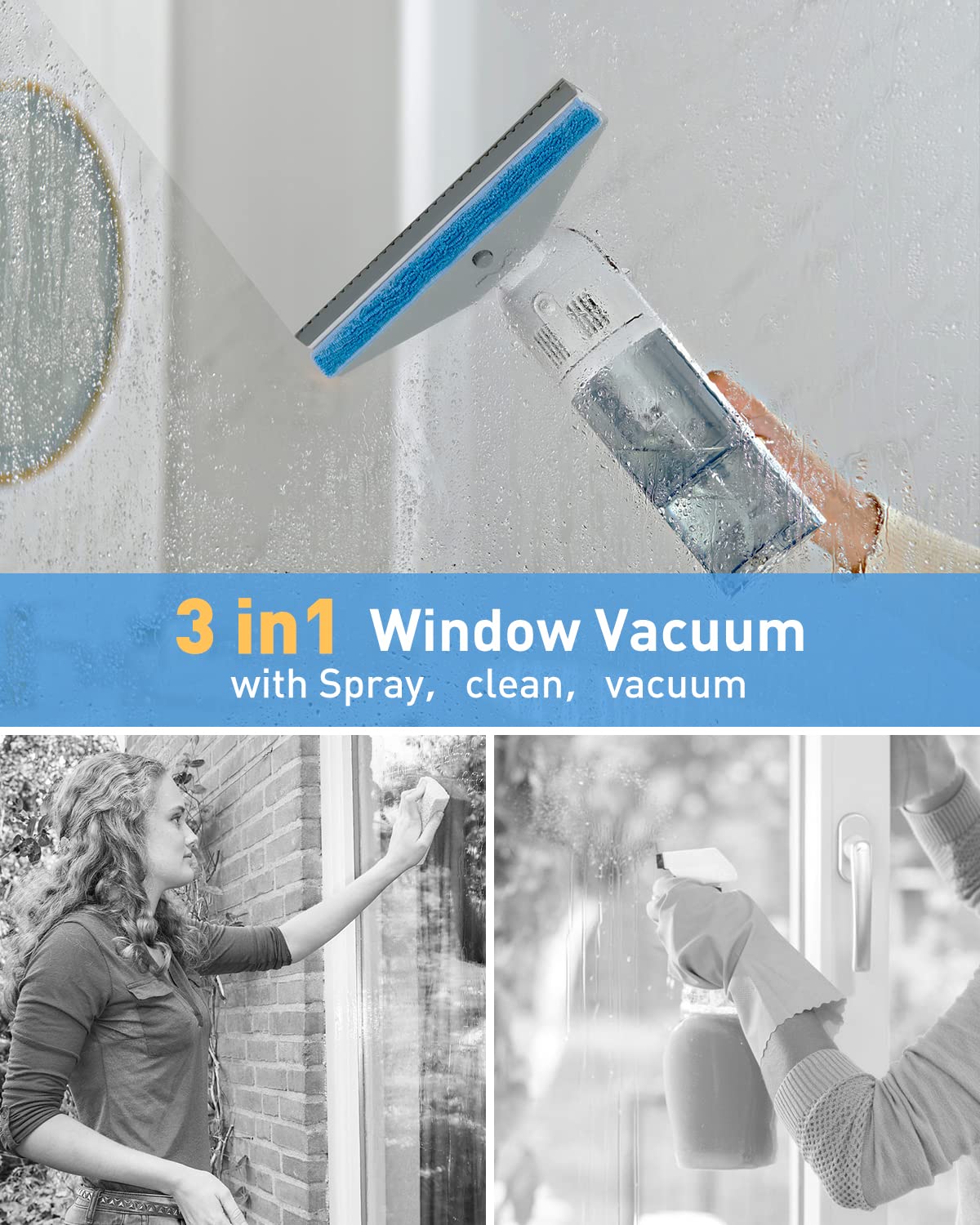 Window Vacuum Squeegee, Cordless Window Vacuum 3 in 1 Window Vac Window Vacuum Cleaning Tool with 260ml Water Tank for Glass Doors Shower Car Window Mirror