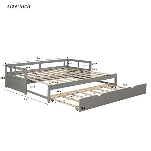 RUNWON Extendable Daybed with Trundle,Wooden Platform Sofa Bedframe Space Saving Twin to King Size Extend Bed Furniture for Bedroom Living Room