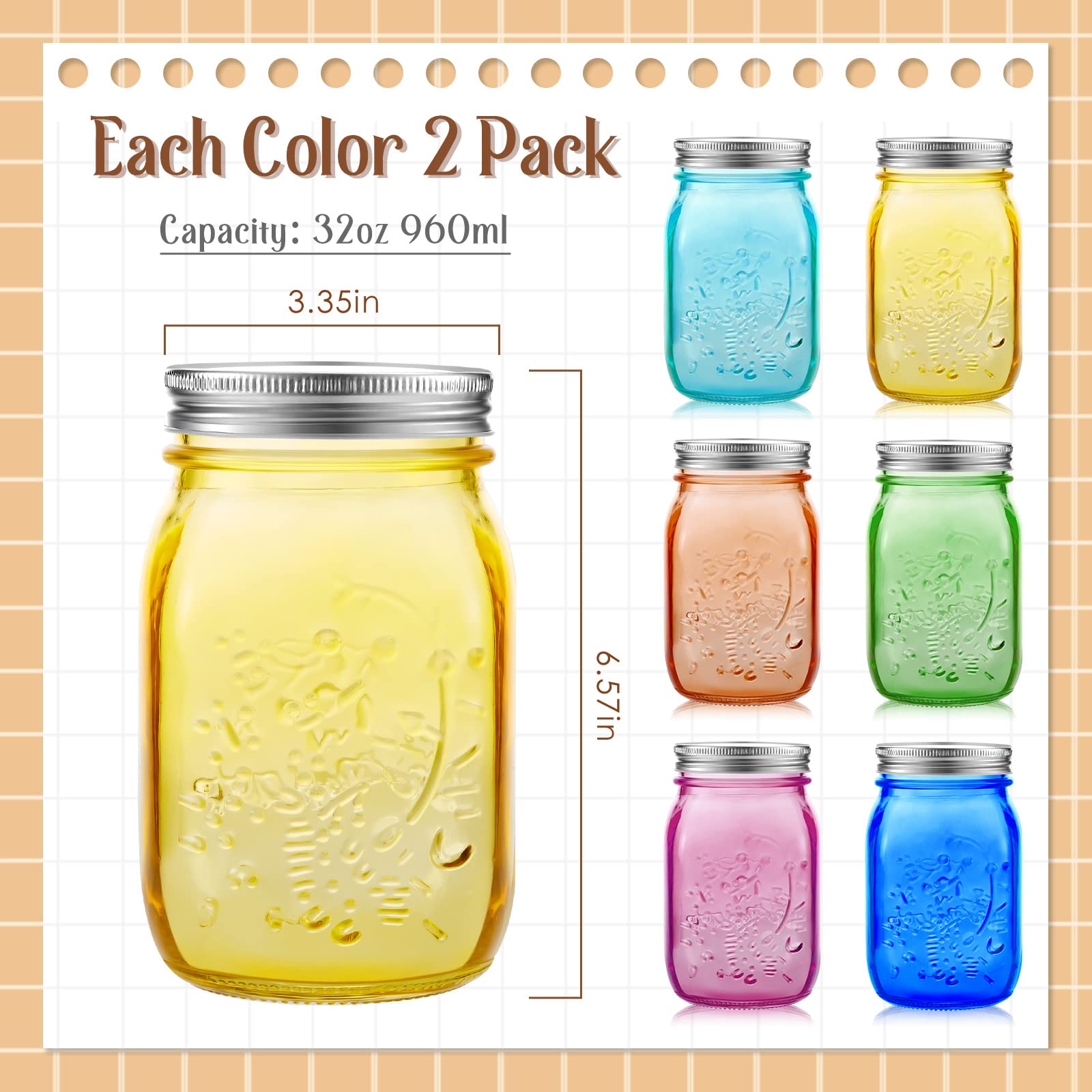 12 Pieces 32 oz Colored Mason Jars Glass Mason Jars with Lids Glass Wide Mouth Canning Jar NOT Allowed Dishwasher(Cute Colors)