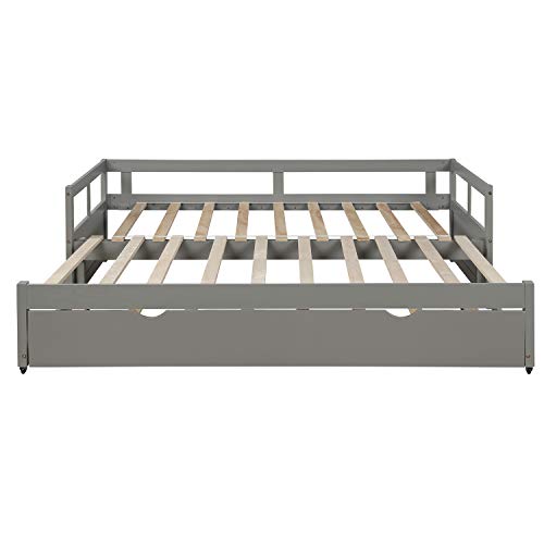 RUNWON Extendable Daybed with Trundle,Wooden Platform Sofa Bedframe Space Saving Twin to King Size Extend Bed Furniture for Bedroom Living Room