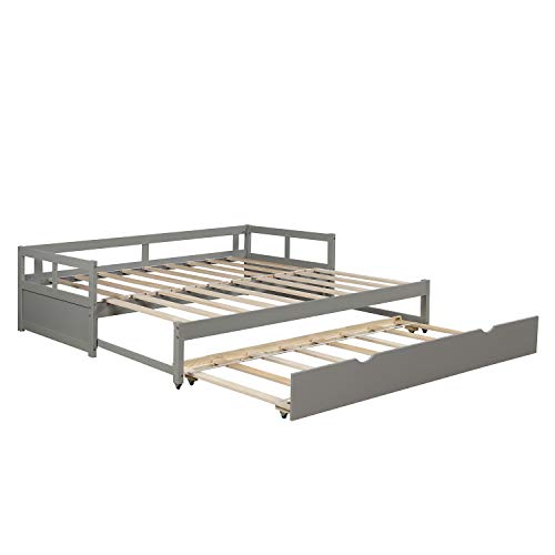 RUNWON Extendable Daybed with Trundle,Wooden Platform Sofa Bedframe Space Saving Twin to King Size Extend Bed Furniture for Bedroom Living Room